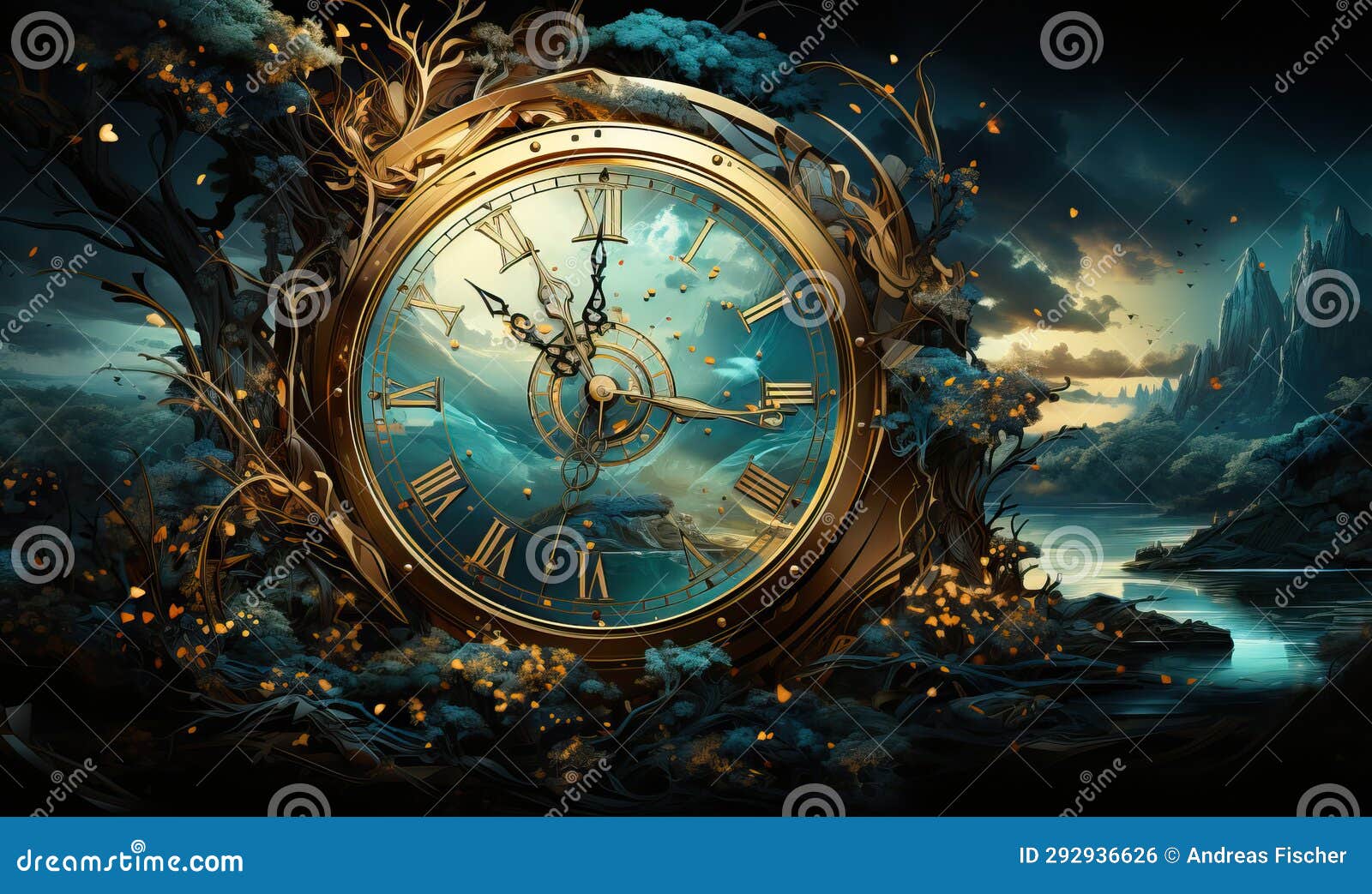 Abstract Painting, Clock in a Natural Landscape. Stock Photo - Image of ...