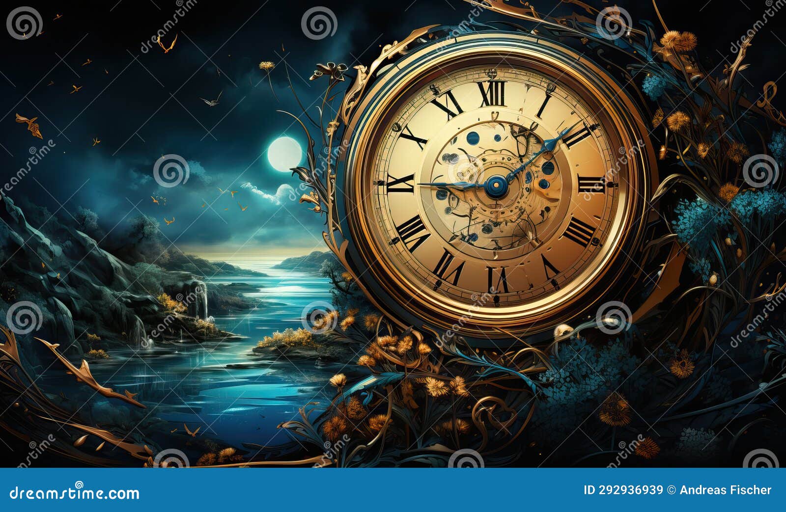 Abstract Painting, Clock in a Natural Landscape. Stock Illustration ...