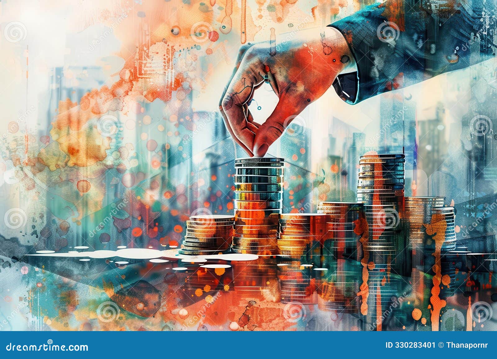 Abstract Painting of Coins with a Hand on Top Stock Illustration ...