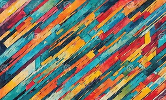 Abstract Painting Features Diagonal Lines in Various Colors, Creating ...