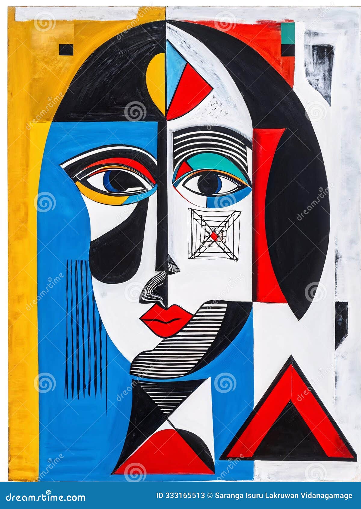 Abstract Painting Featuring a Central Stylized Face Formed by Geometric ...