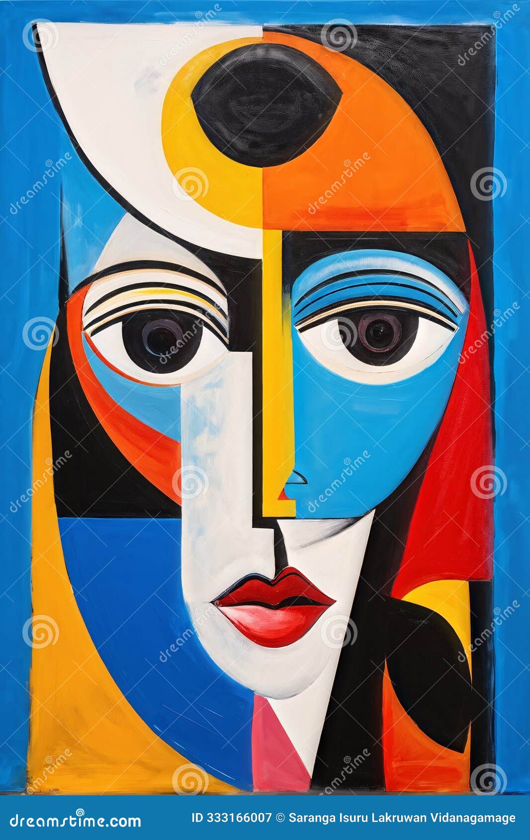 Abstract Painting Featuring a Central Stylized Face Formed by Geometric ...