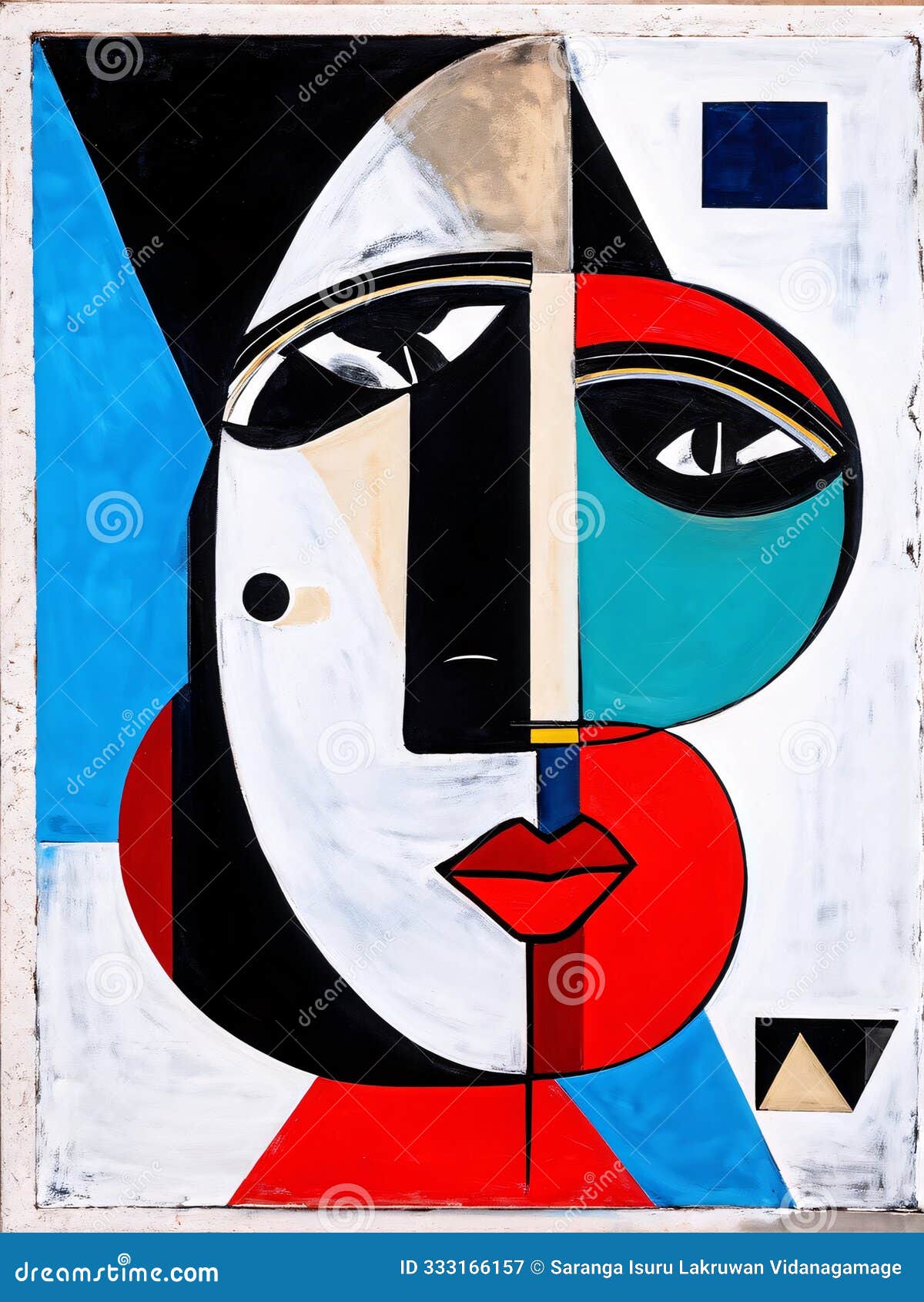 Abstract Painting Featuring a Central Stylized Face Formed by Geometric ...