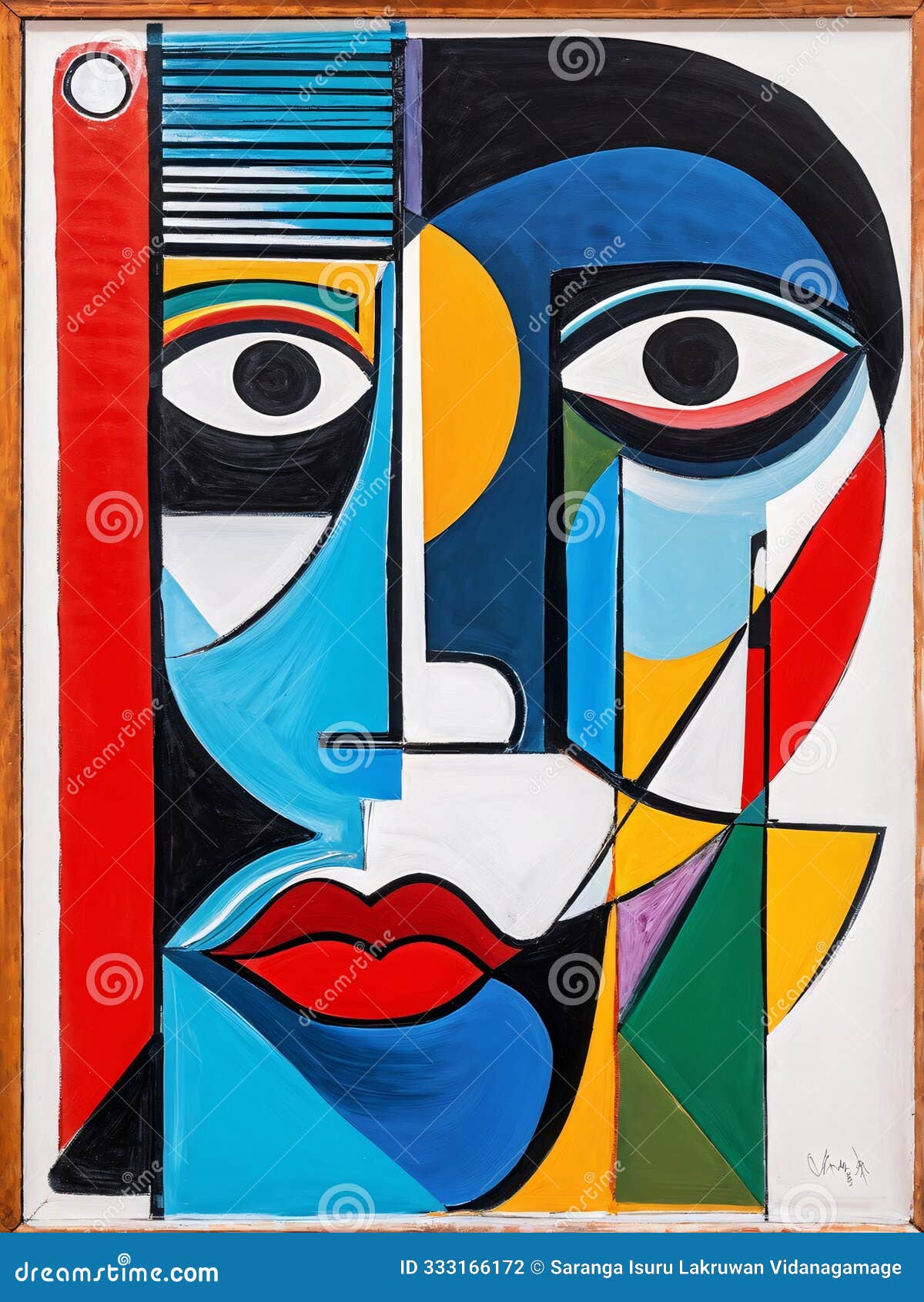 Abstract Painting Featuring a Central Stylized Face Formed by Geometric ...