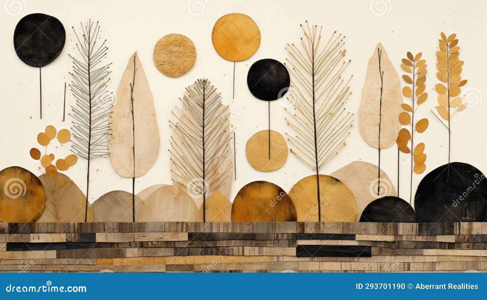 An Abstract Painting of Leaves and Trees in Gold Black and White Stock ...