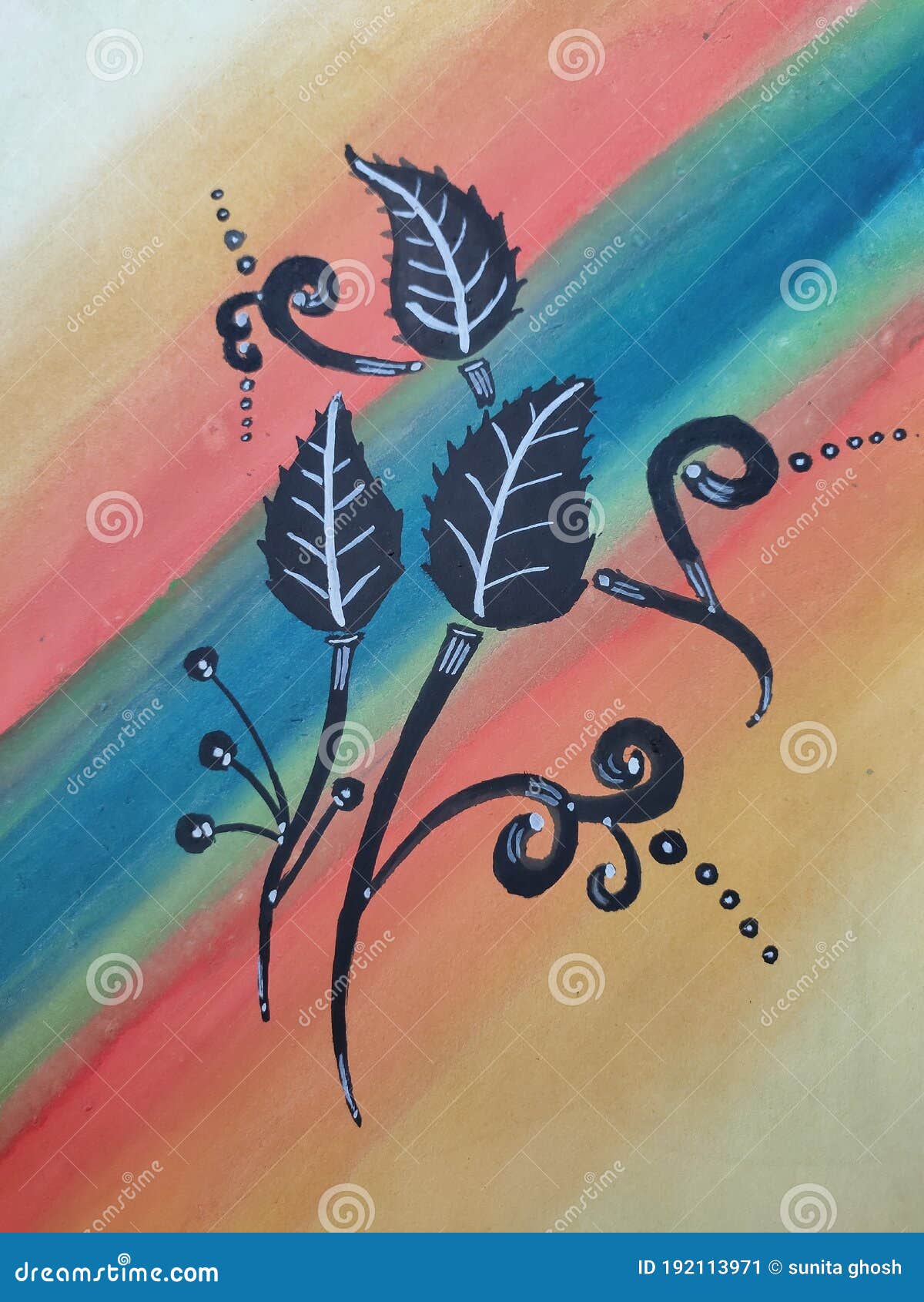 Abstract Painting of Leaves and Vines on Multicolored Background. Stock ...
