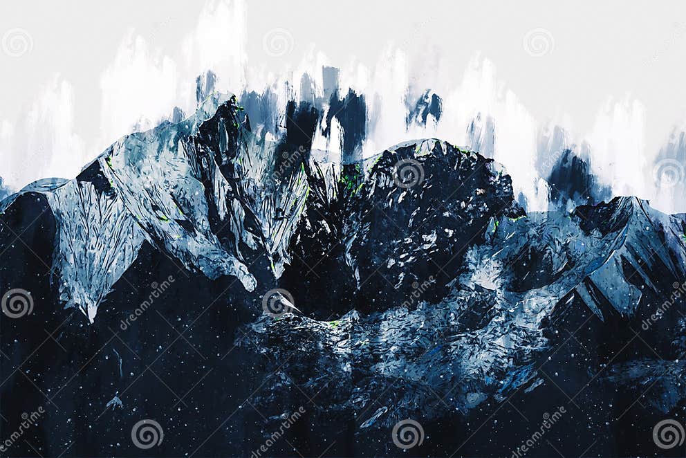 Abstract Painting of Mountain in Blue Tone, Digital Painting Stock ...