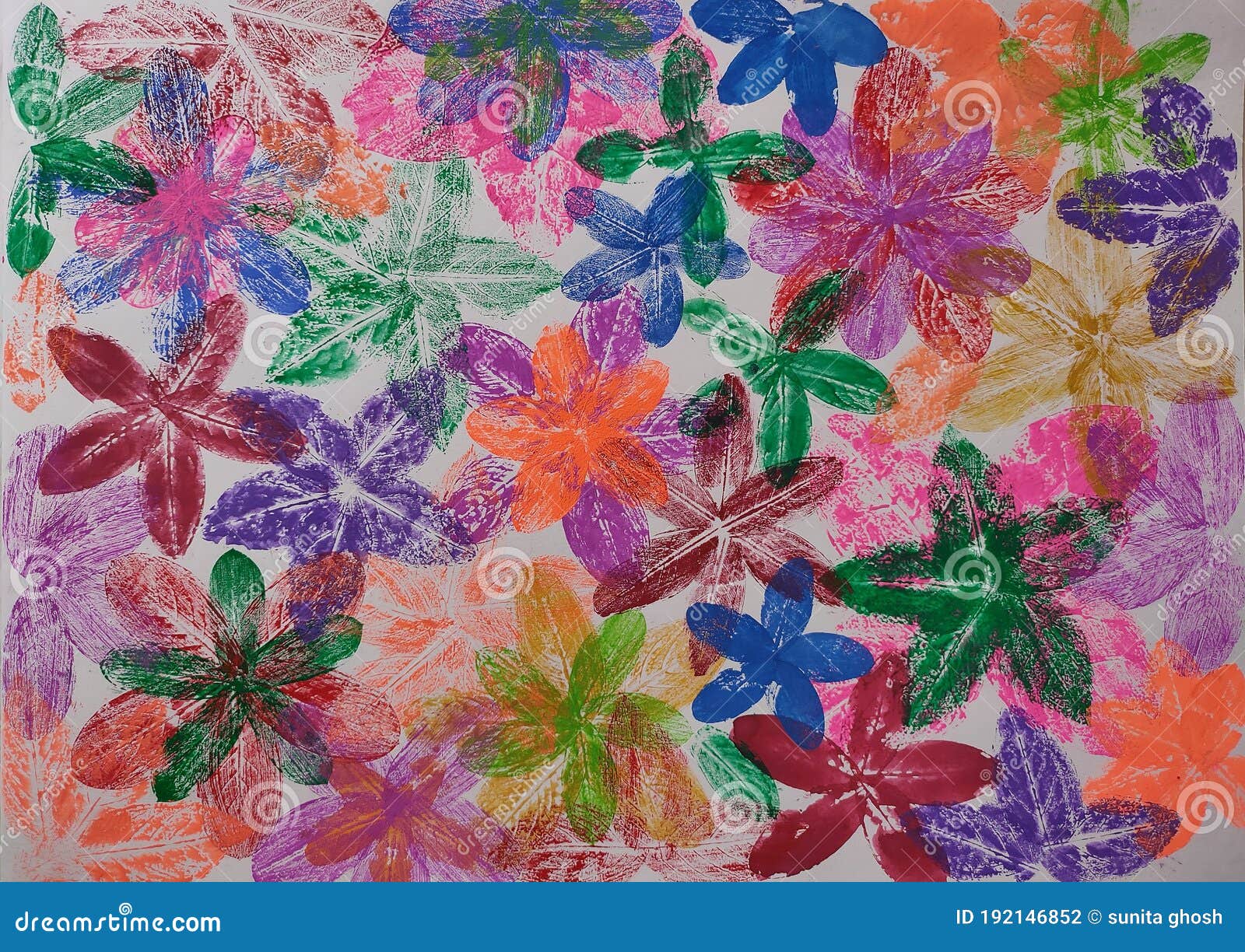Abstract Painting of Overlapping Flowers Using Leaf Prints. Stock ...