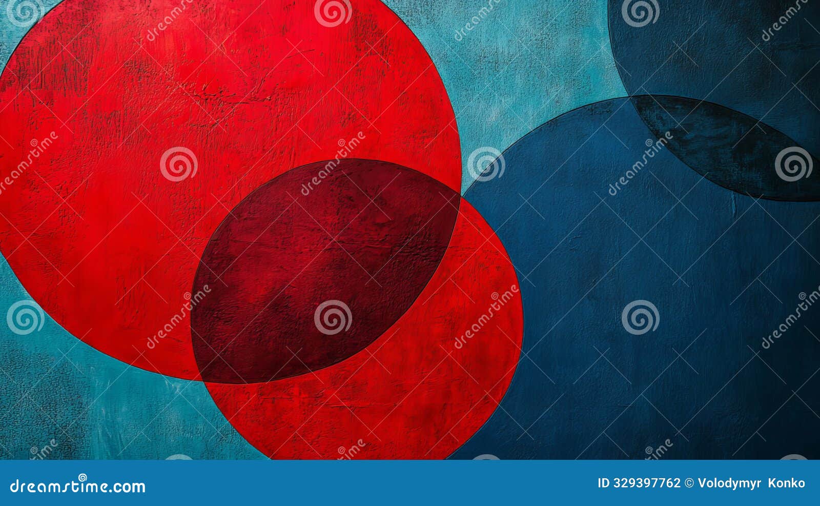 Abstract Painting with Overlapping Red and Blue Circles on Textured ...