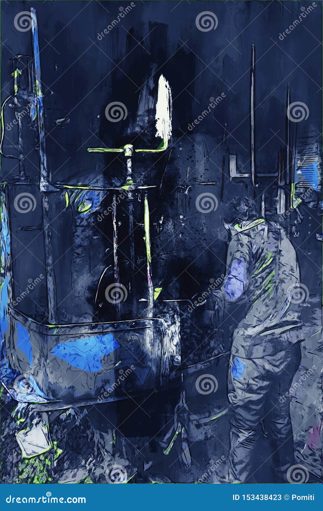 Abstract Painting of People Working with Vintage Train , Digital ...