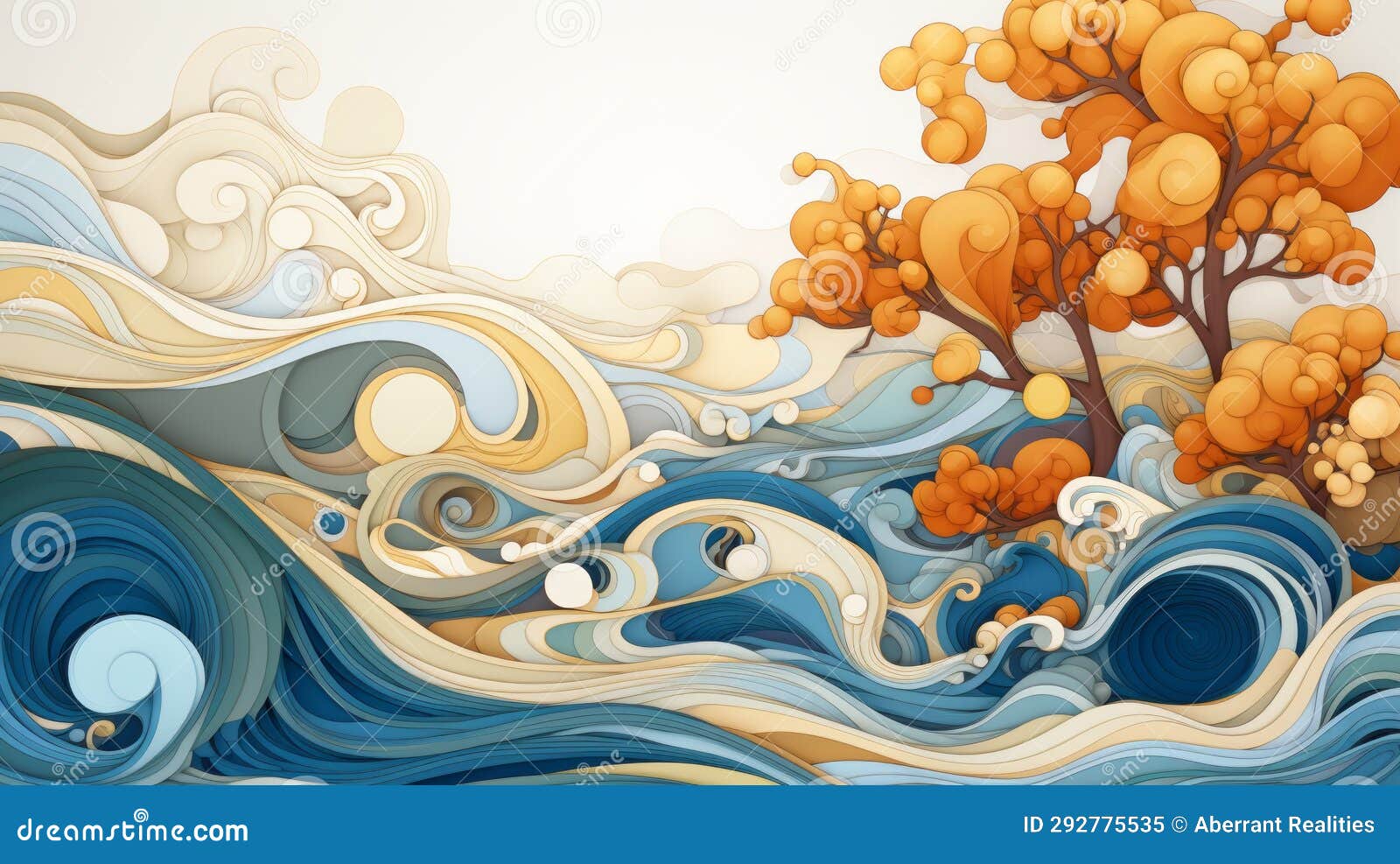 An Abstract Painting of a Tree and Waves on a White Background Stock Illustration - Illustration ...
