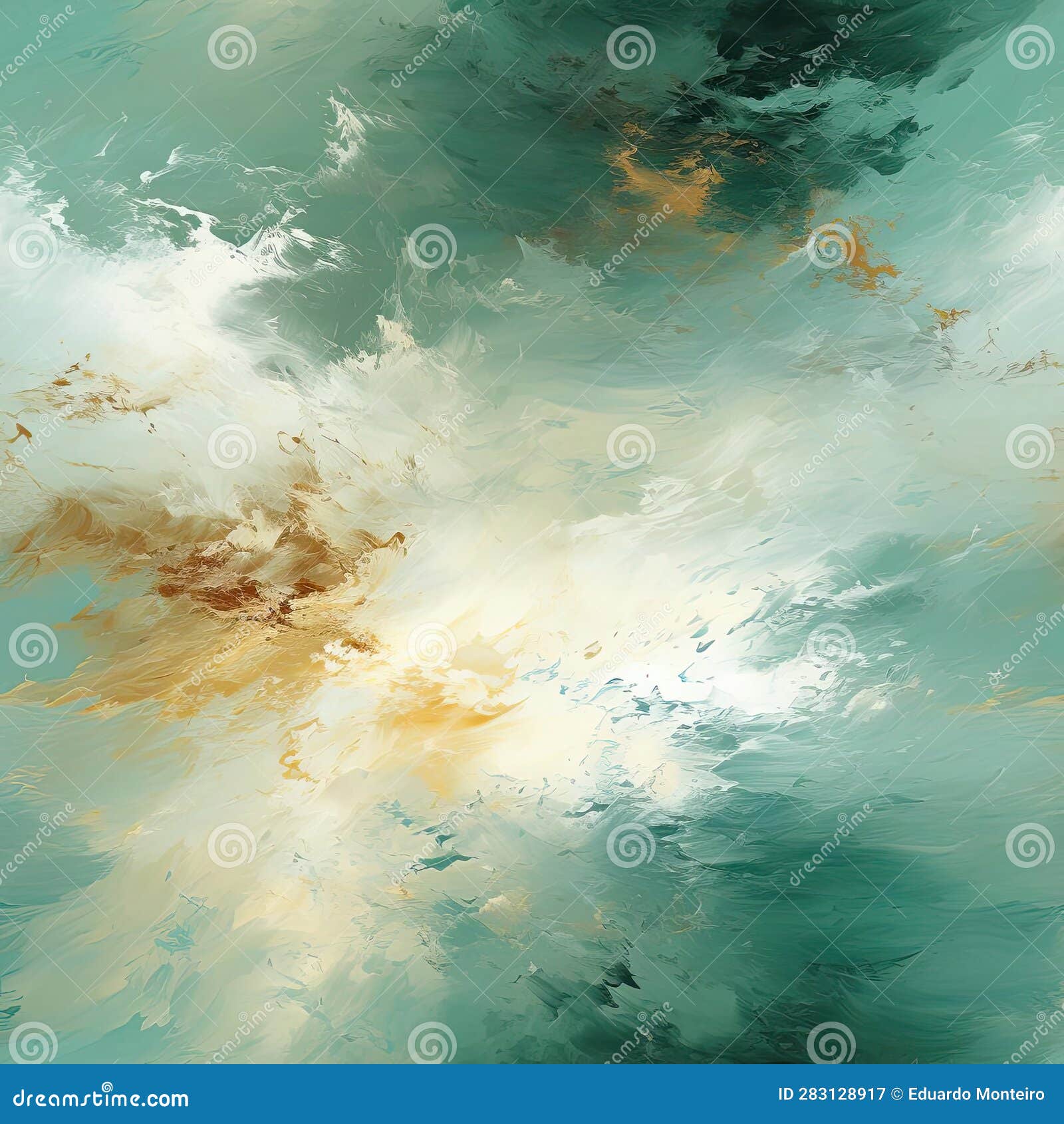 Abstract Painting of Turquoise and Gold with Atmospheric Clouds (tiled ...