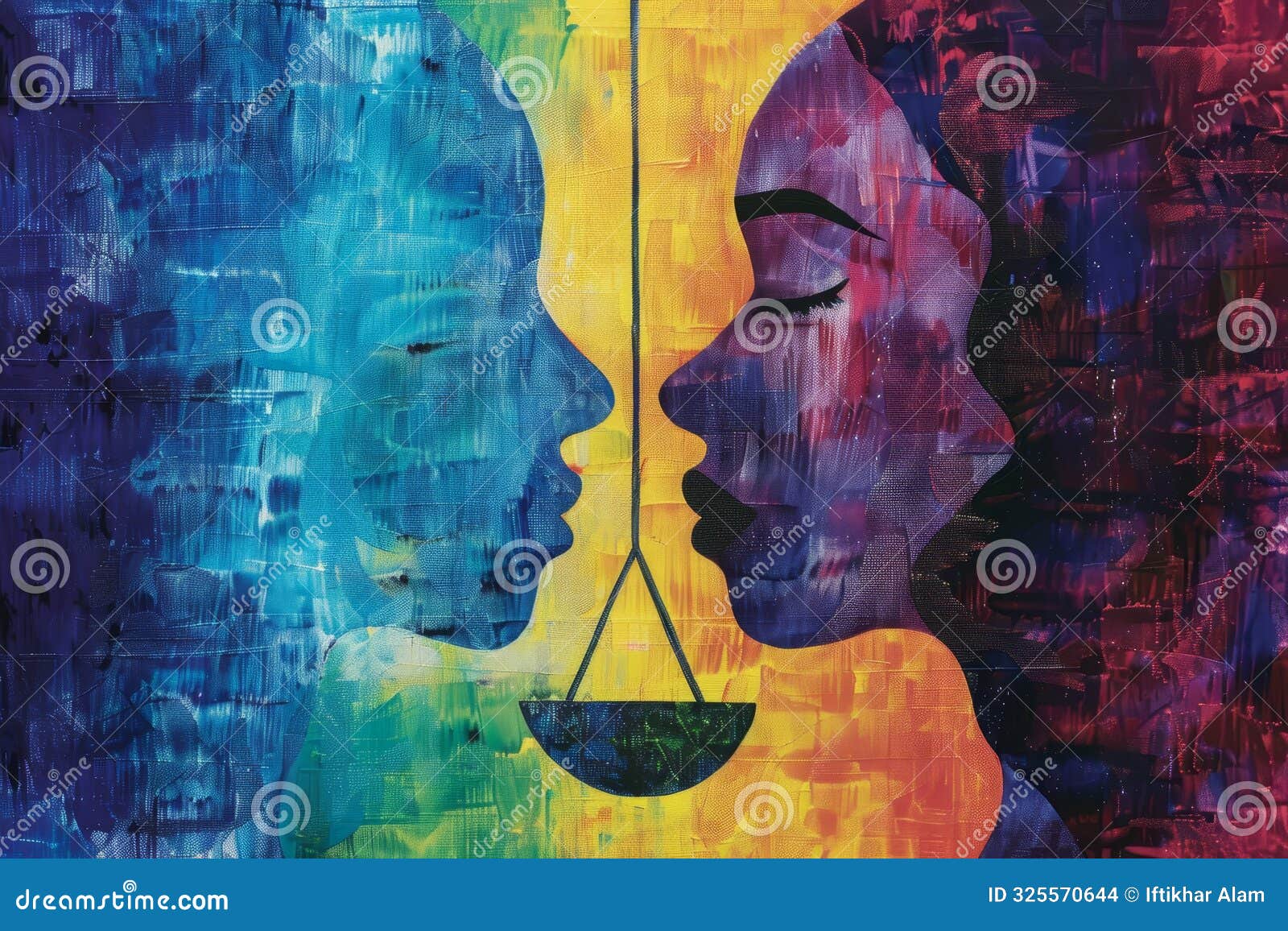 An Abstract Painting with Two Female Faces on Either Side of a Scale of ...