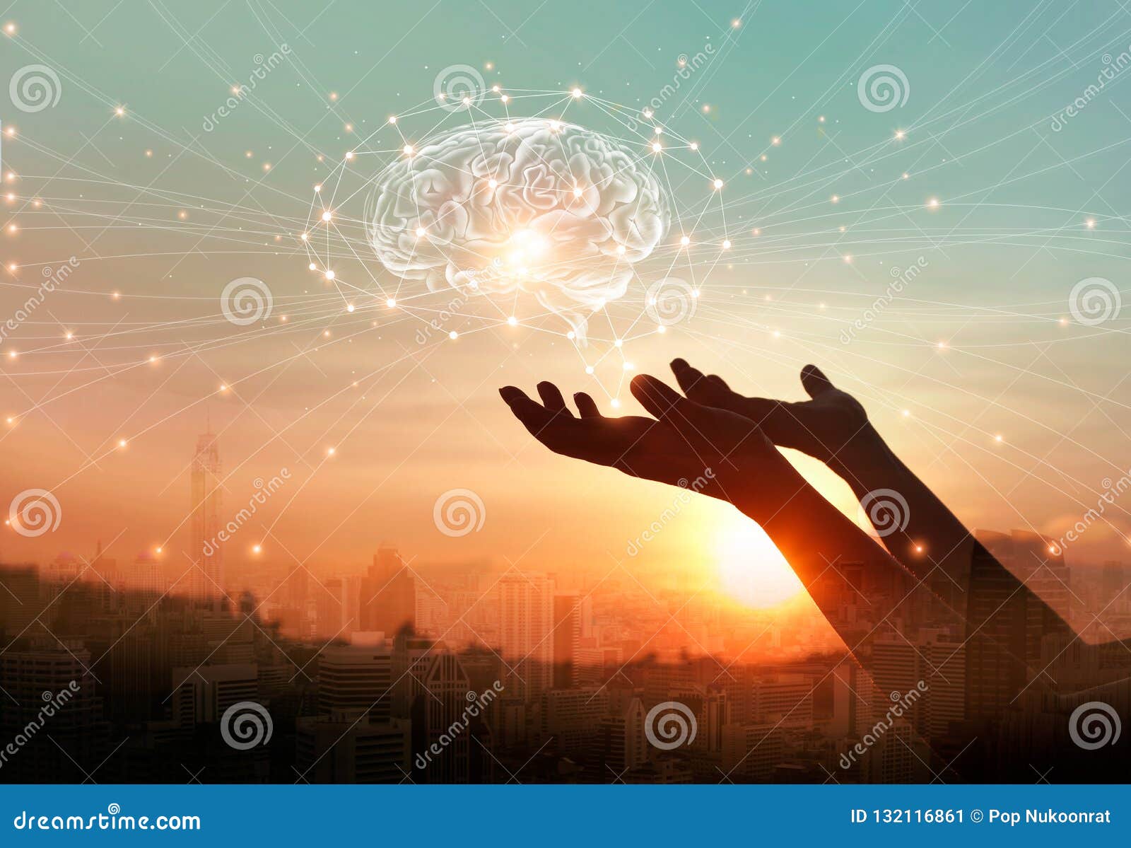 Abstract Palm Hands Touching Brain with Network Connections Stock Image ...
