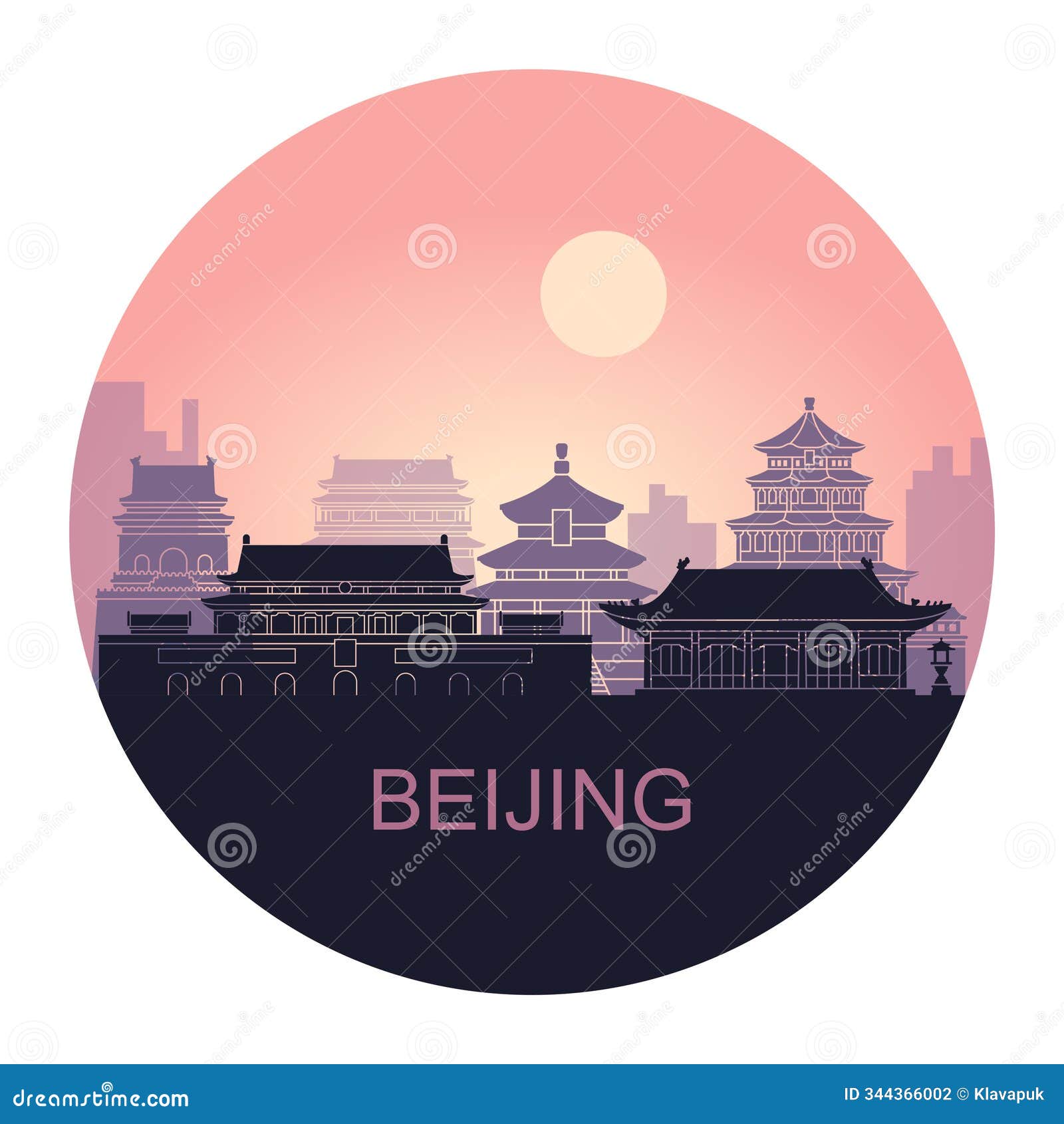 Abstract Panorama of Beijing at Sunrise. Architectural Monuments in the ...