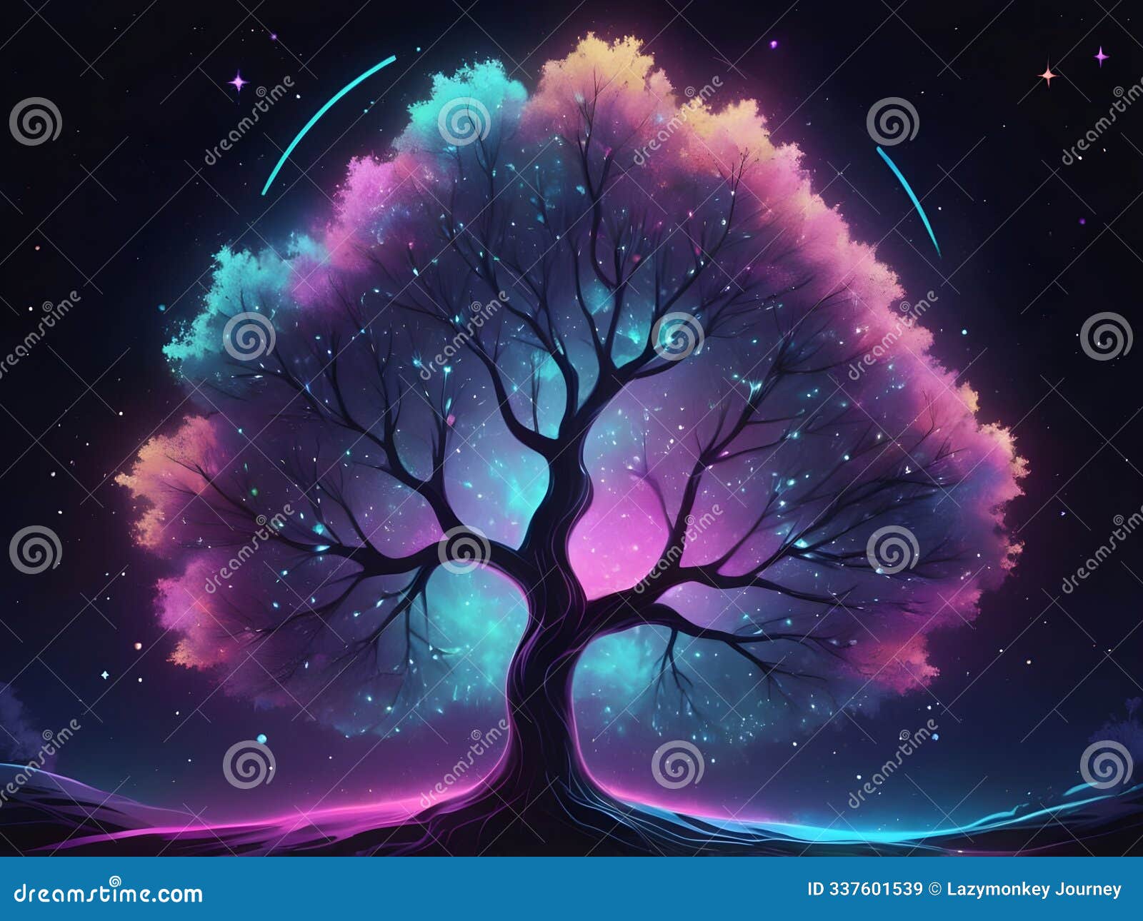 Abstract Pastel Neon Starry Tree. Stylized Nature Symbol on Neon ...