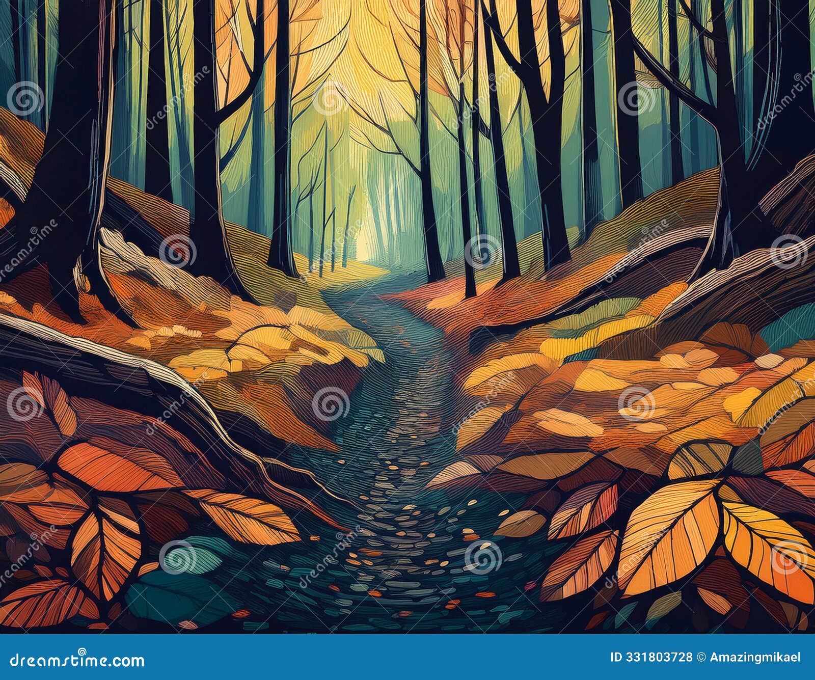 Abstract Path through the Woods Focus on Leaf and Bark Textures in an ...