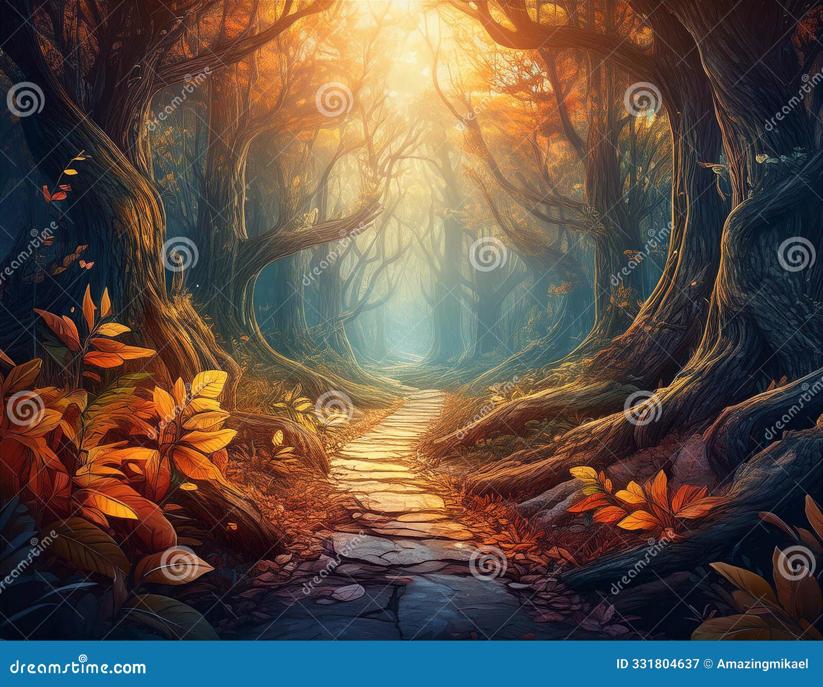 Abstract Path through the Woods Focus on Leaf and Bark Textures in an ...