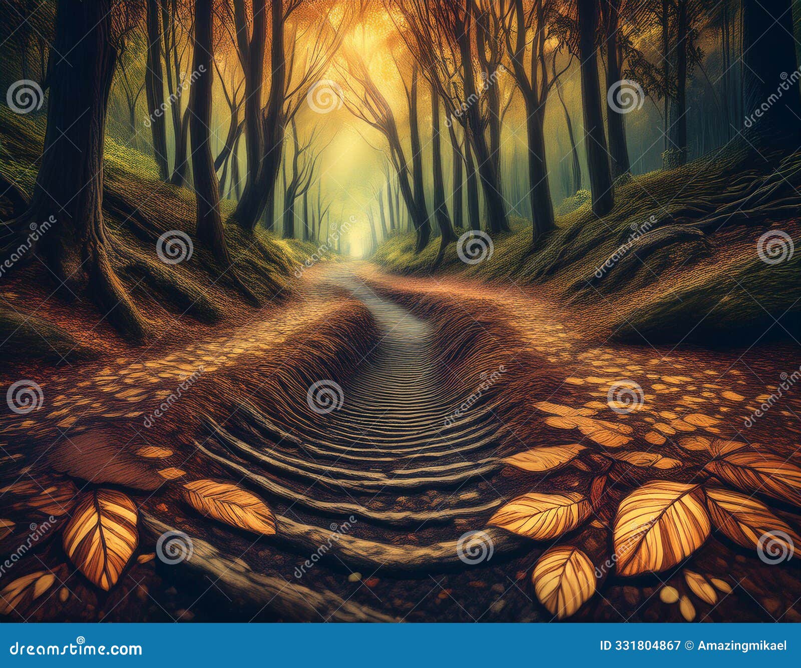 Abstract Path through the Woods Focus on Leaf and Bark Textures in an ...