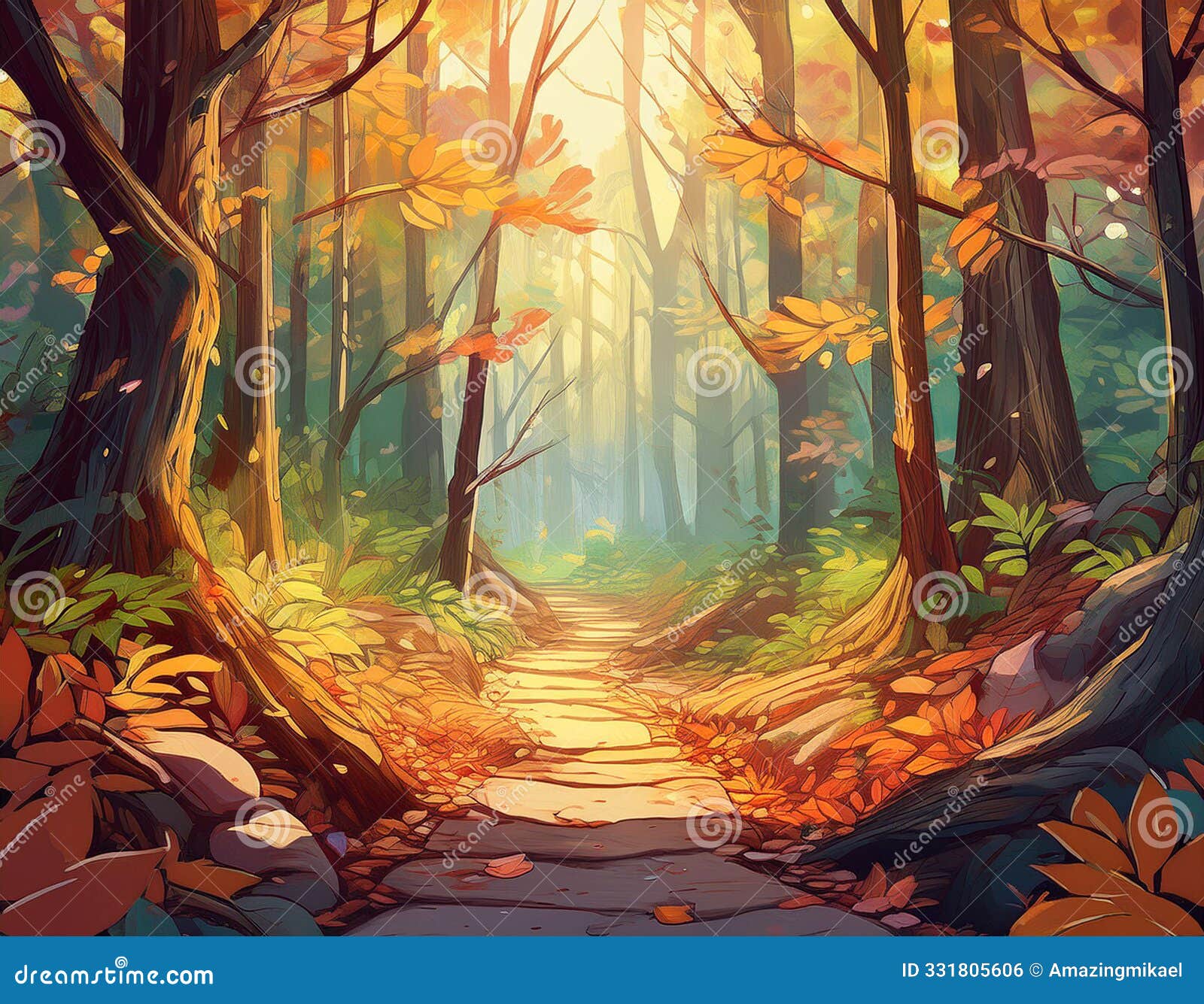 Abstract Path through the Woods Focus on Leaf and Bark Textures in an ...