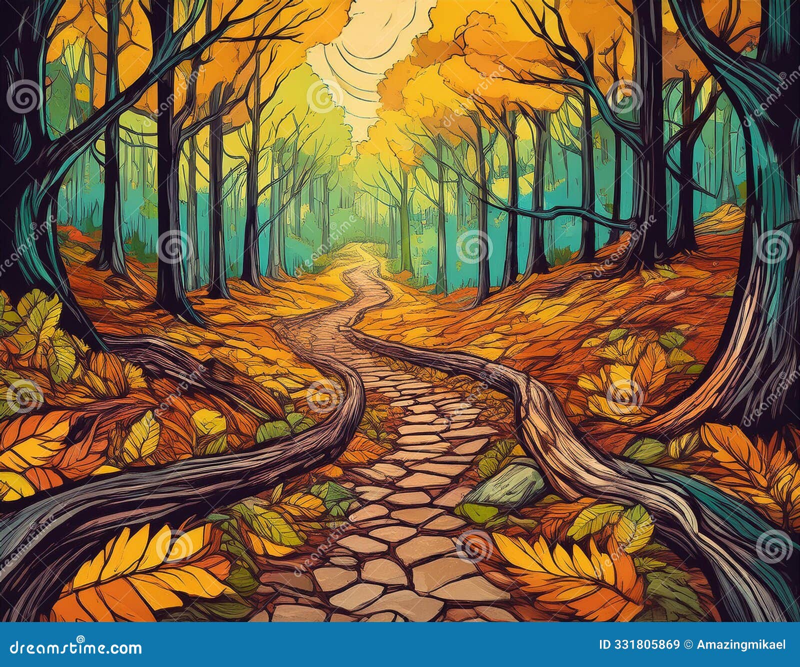 Abstract Path through the Woods Focus on Leaf and Bark Textures in an ...