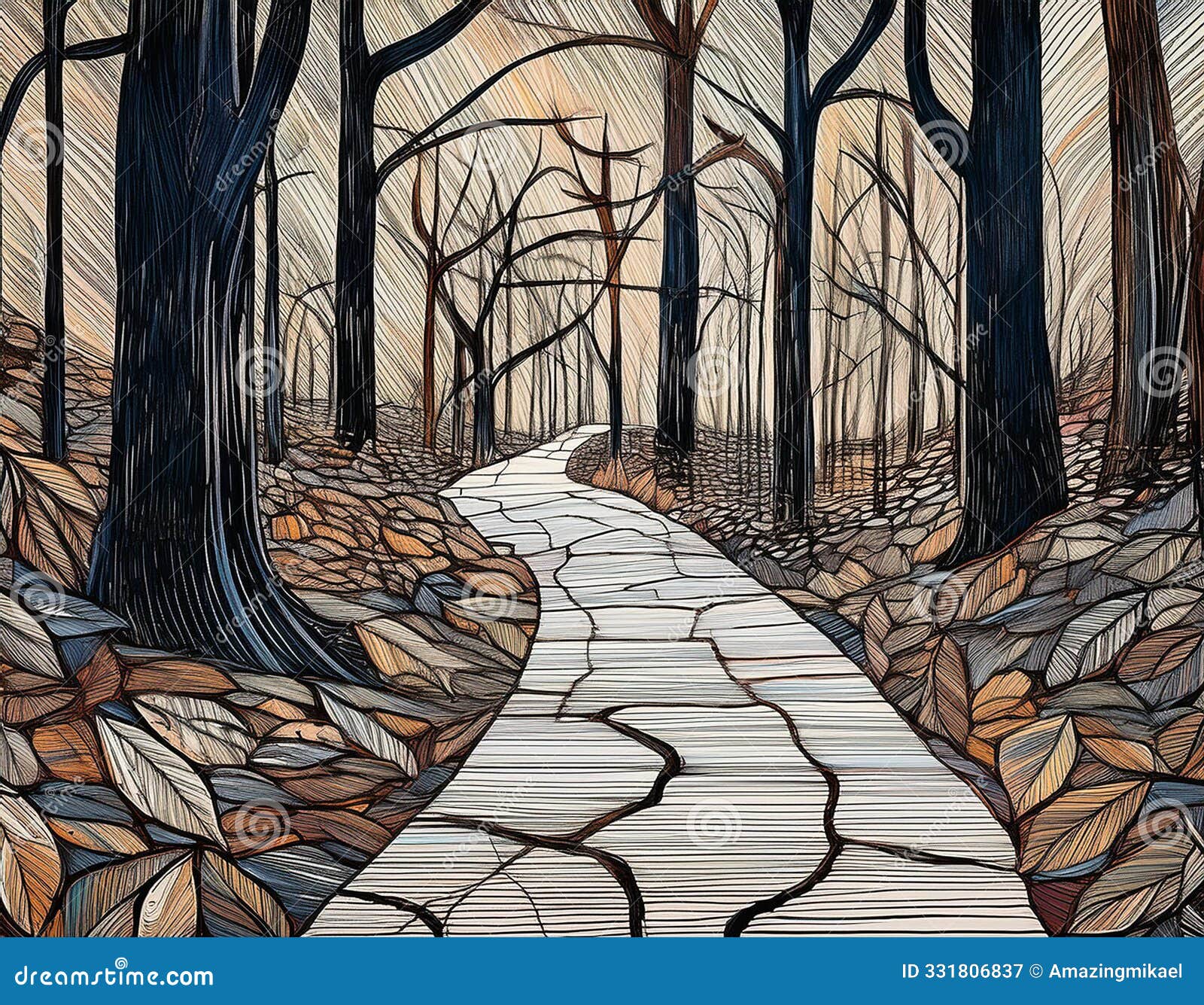 Abstract Path through the Woods Focus on Leaf and Bark Textures in an ...