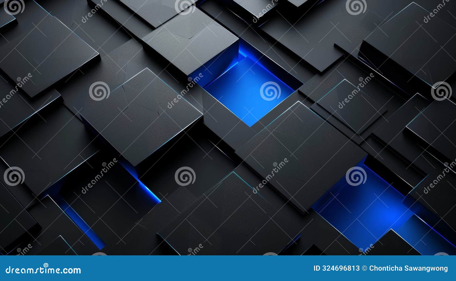 Abstract Pattern of Black Squares with a Blue Glowing Light Emanating ...