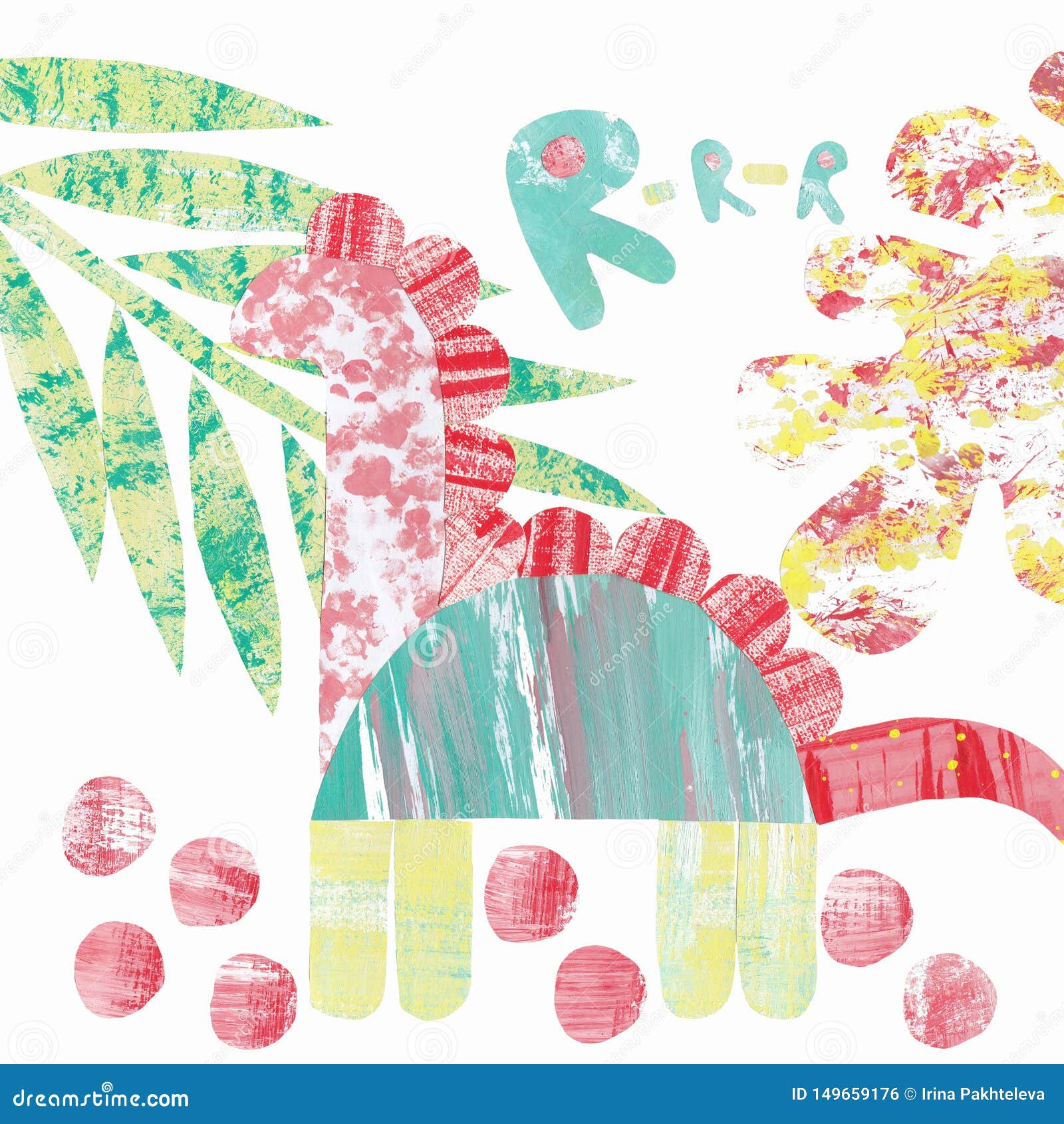 Abstract Pattern with a Collage of Multicolored Dinosaur and Leaves ...