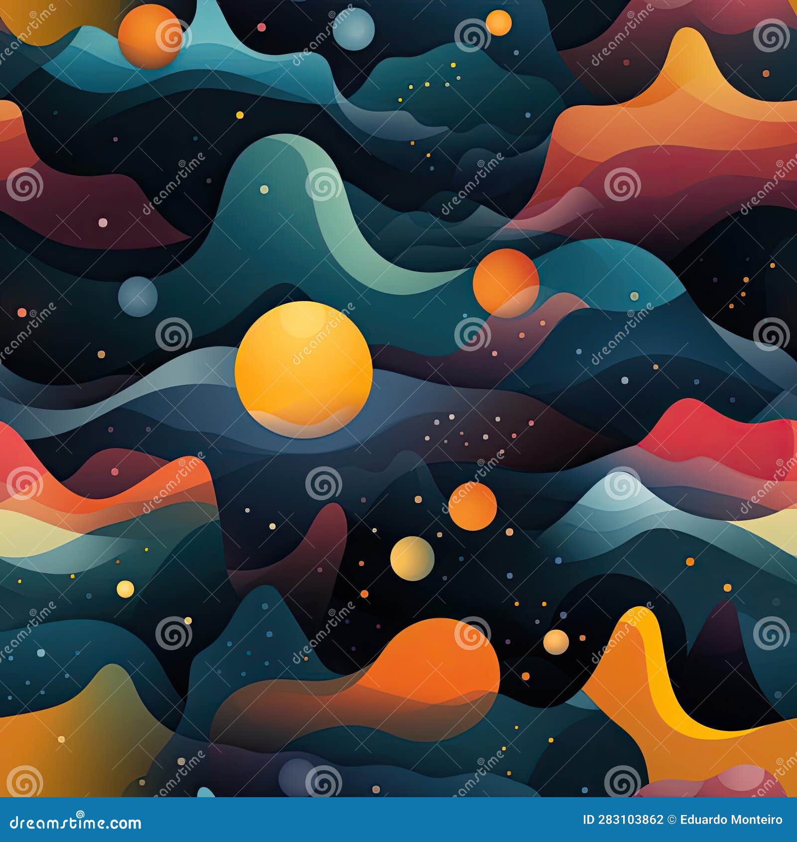 Abstract Pattern of Colorful Moons, Planets, and Clouds (tiled) Stock ...