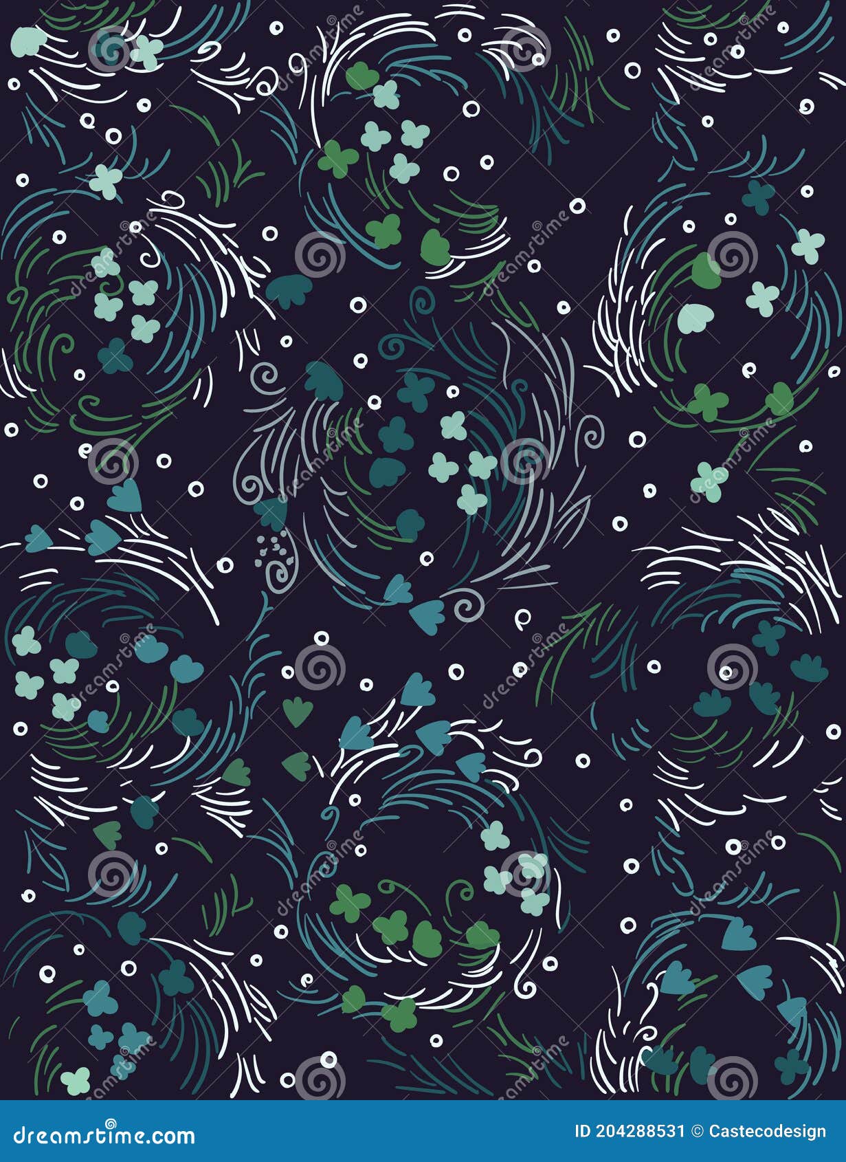 Abstract Pattern Composed Using Curved Lines, Flower Buds and Leaves ...