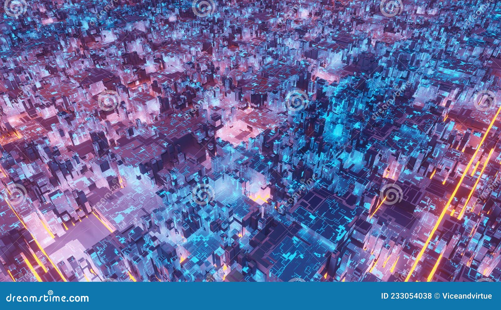 Abstract Pattern 3D Rendering of Giant Neon City, View from Top Stock ...