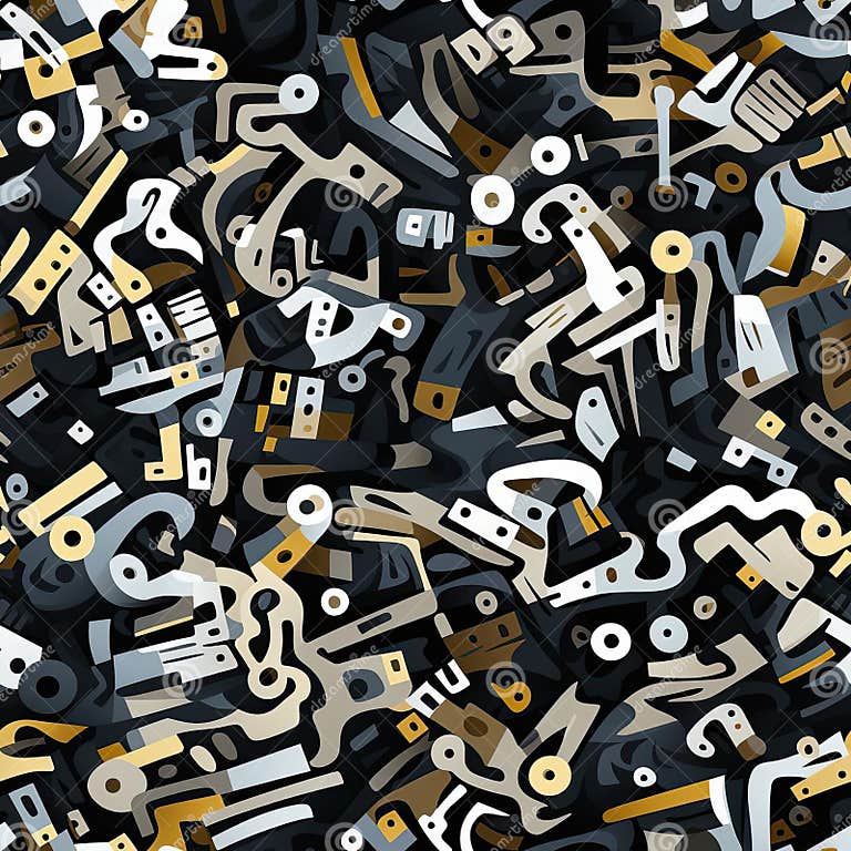 Abstract Pattern of Mechanical Objects in Black, White, and Gold (tiled ...