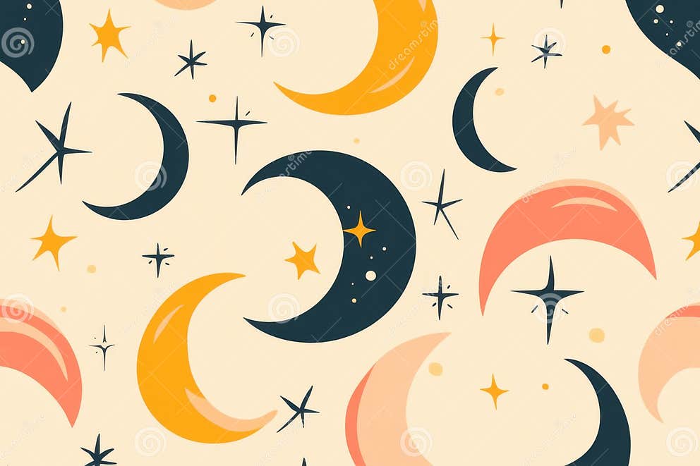 Abstract Pattern of Moons and Stars on a Light Background Stock ...