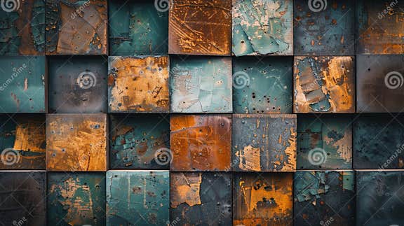 Abstract Pattern of Rusty Metal Squares with Weathered Paint Textures ...