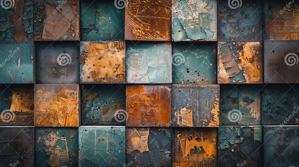 Abstract Pattern of Rusty Metal Squares with Weathered Paint Textures ...