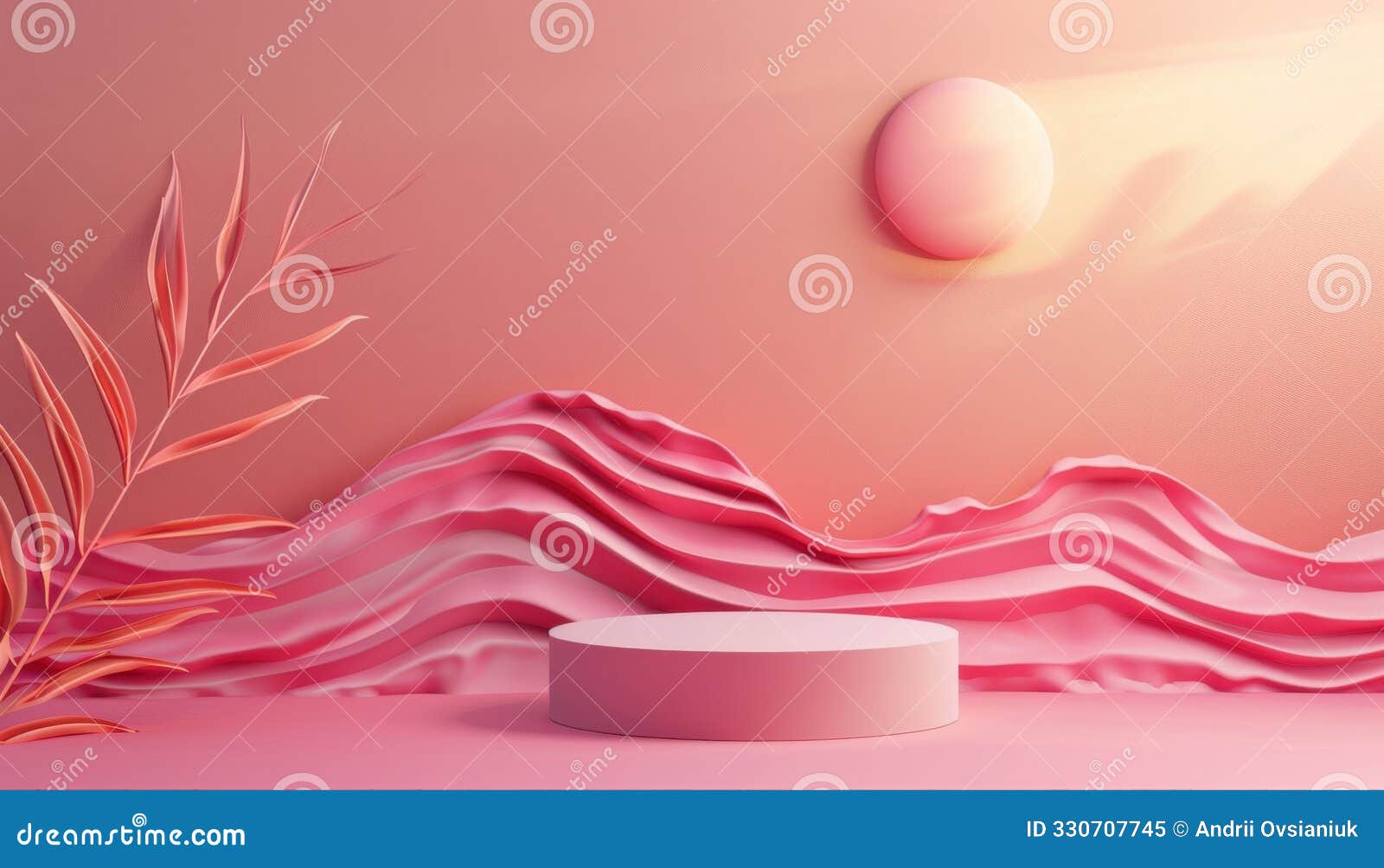 Abstract Pink Landscape with a Circular Platform and Textured Waves ...