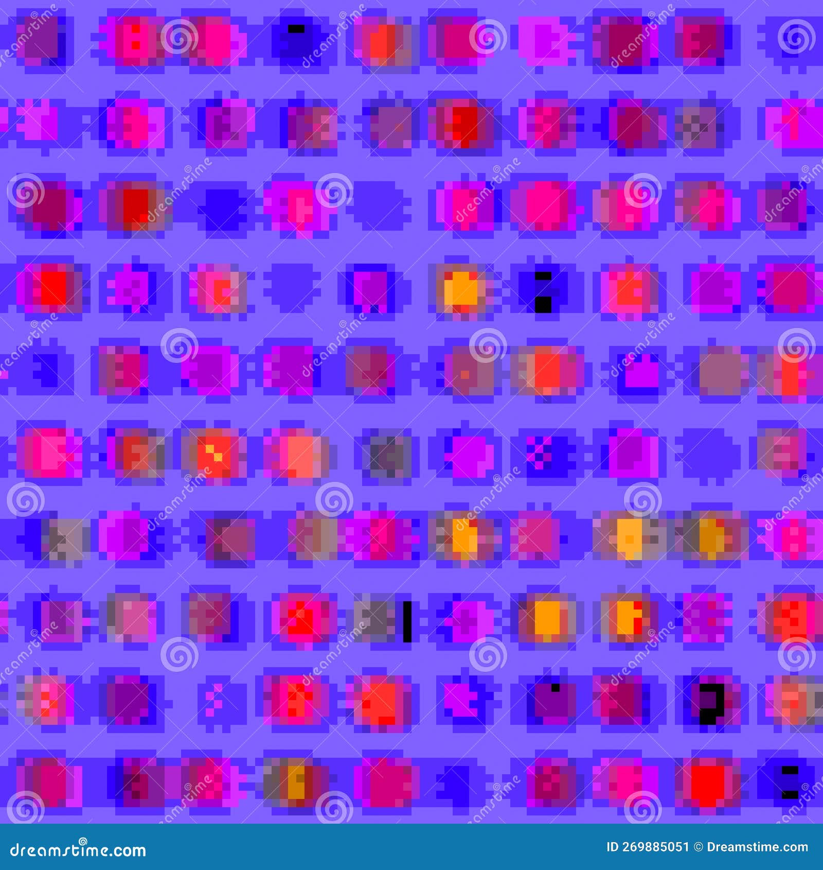 Abstract Pixel Art Cube and Square Floating and Blinking on Violet Pink ...