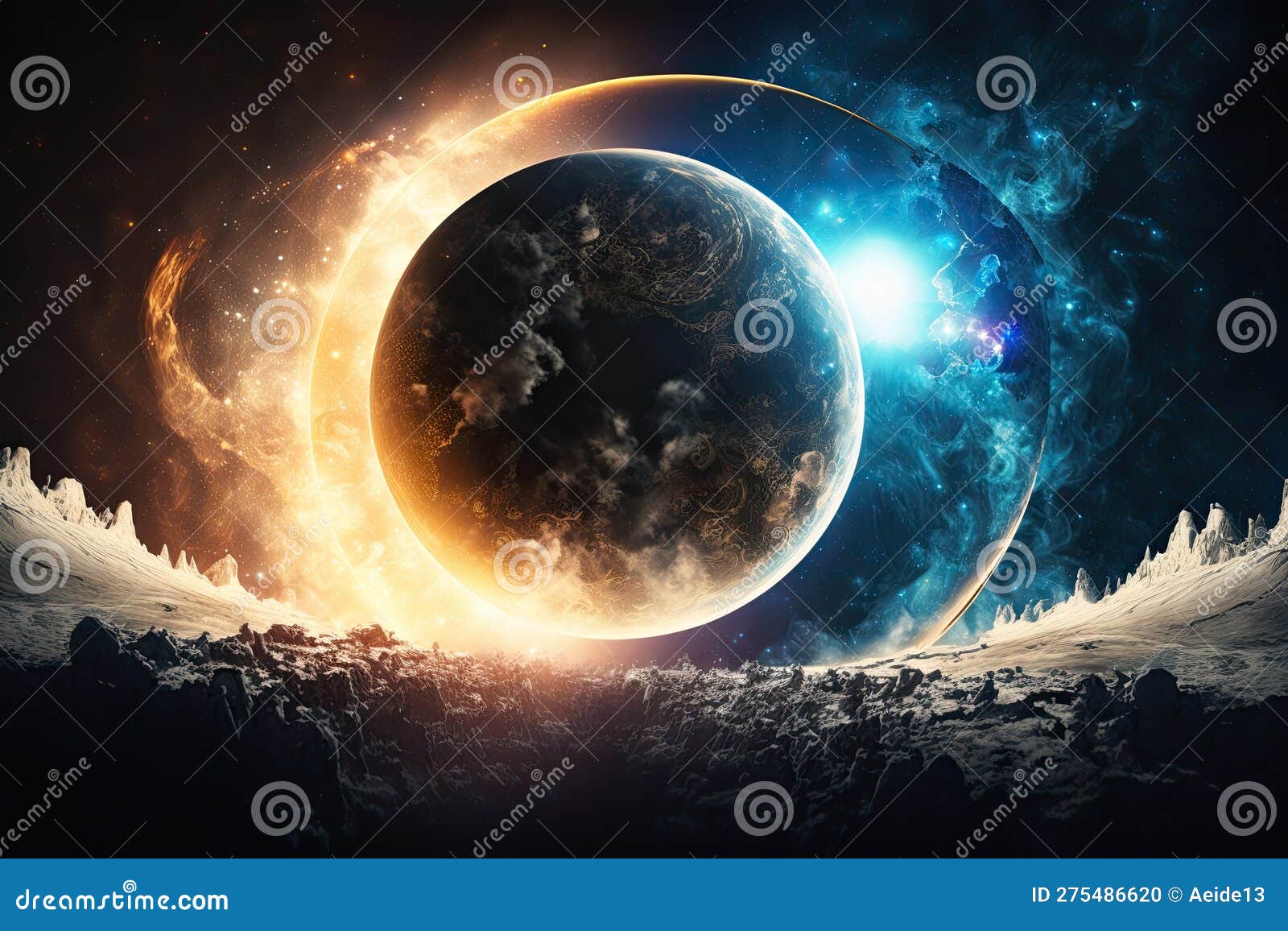 Abstract Planet Eclipse in Space. Alien Worlds with Glowing Lens Flares ...