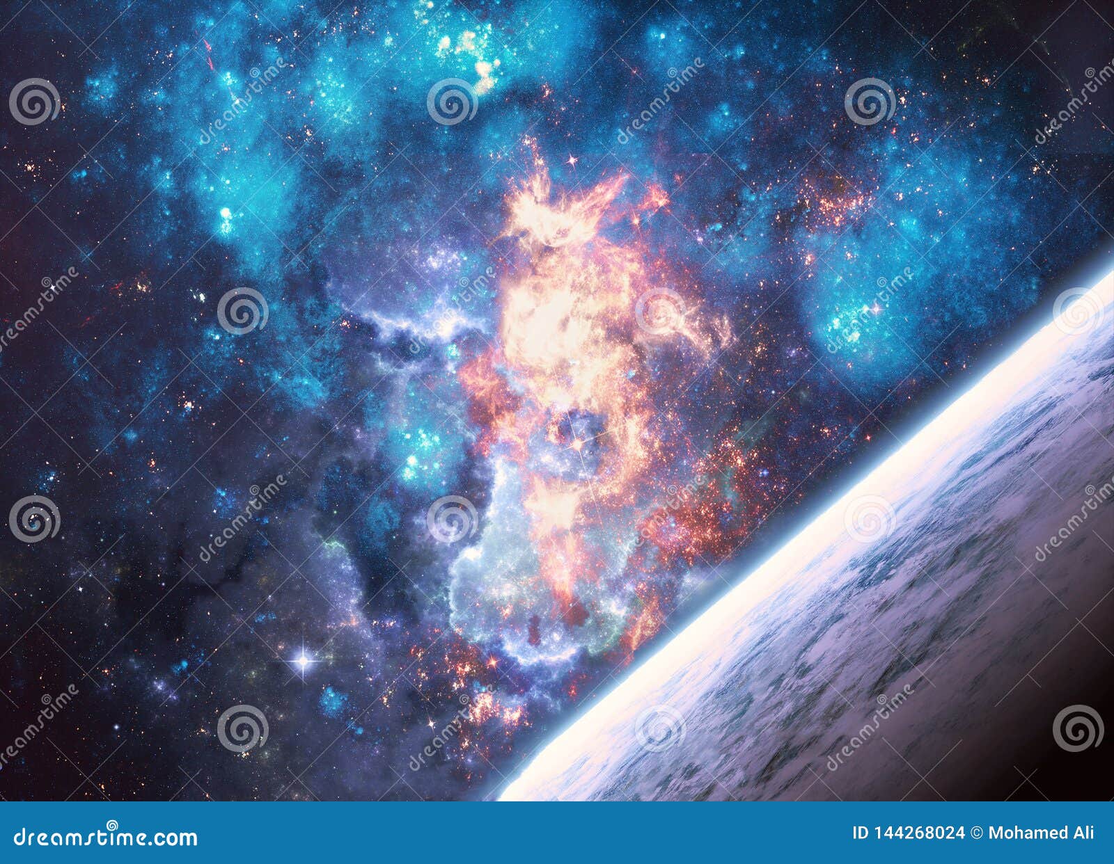 Abstract Planet Horizon on Deep Space Nebula Galaxy Background Stock ...