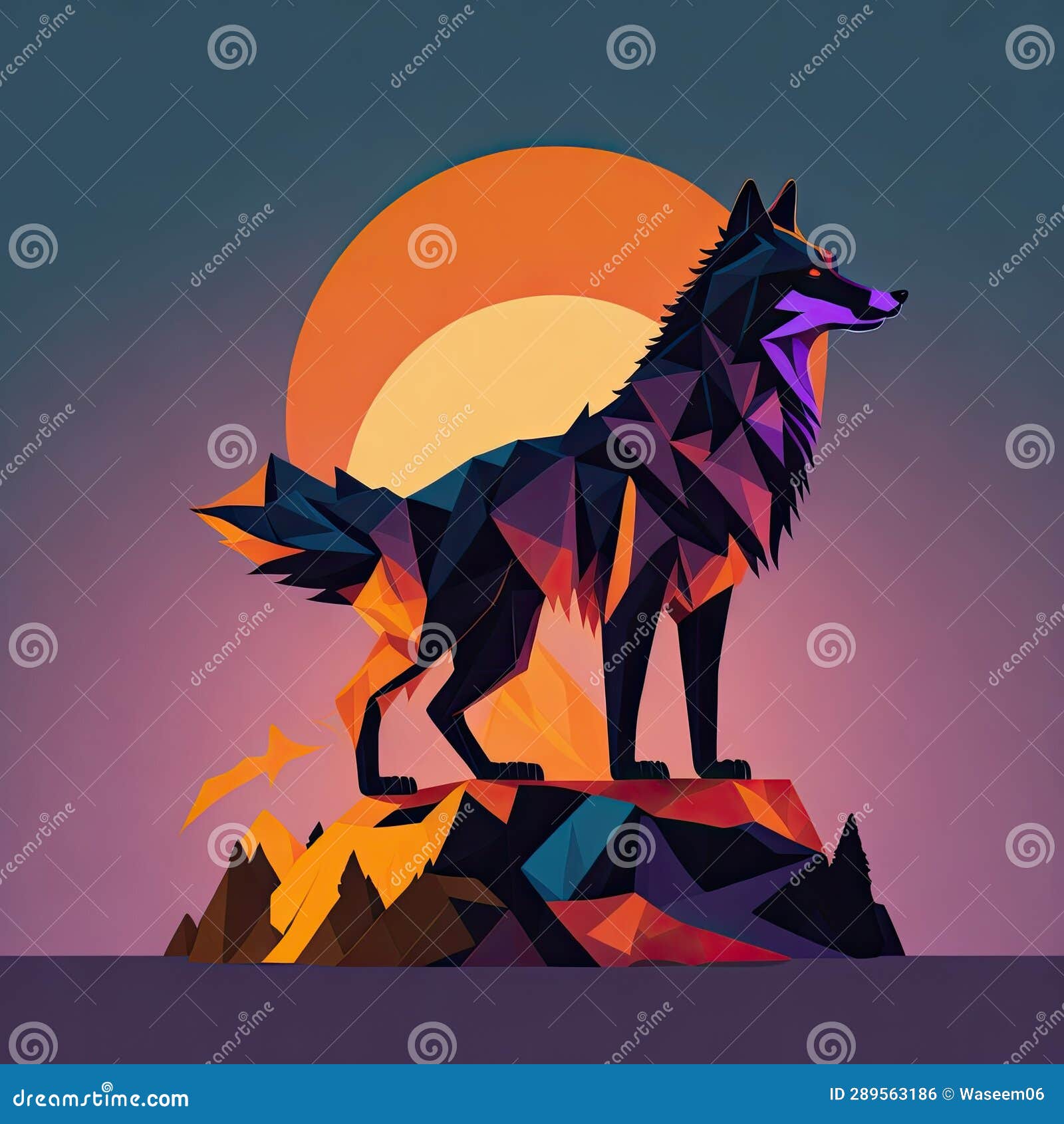Abstract Polygonal Wolf on the Background of the Sun Stock Photo ...