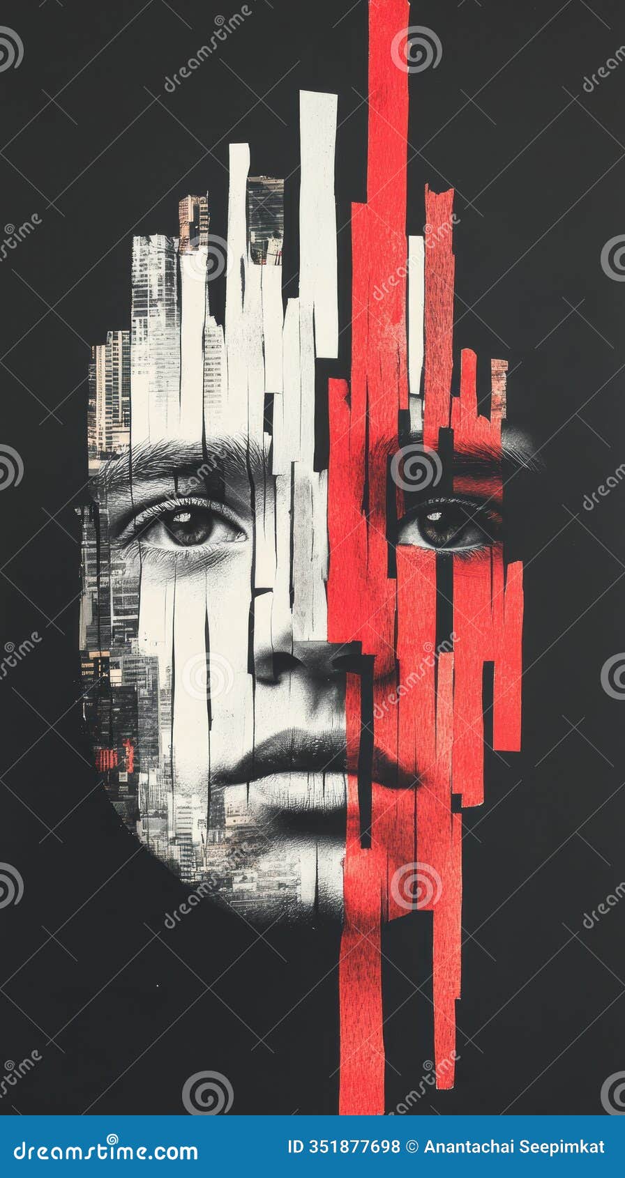 Abstract Portrait Featuring a Fragmented Face with Red and White ...