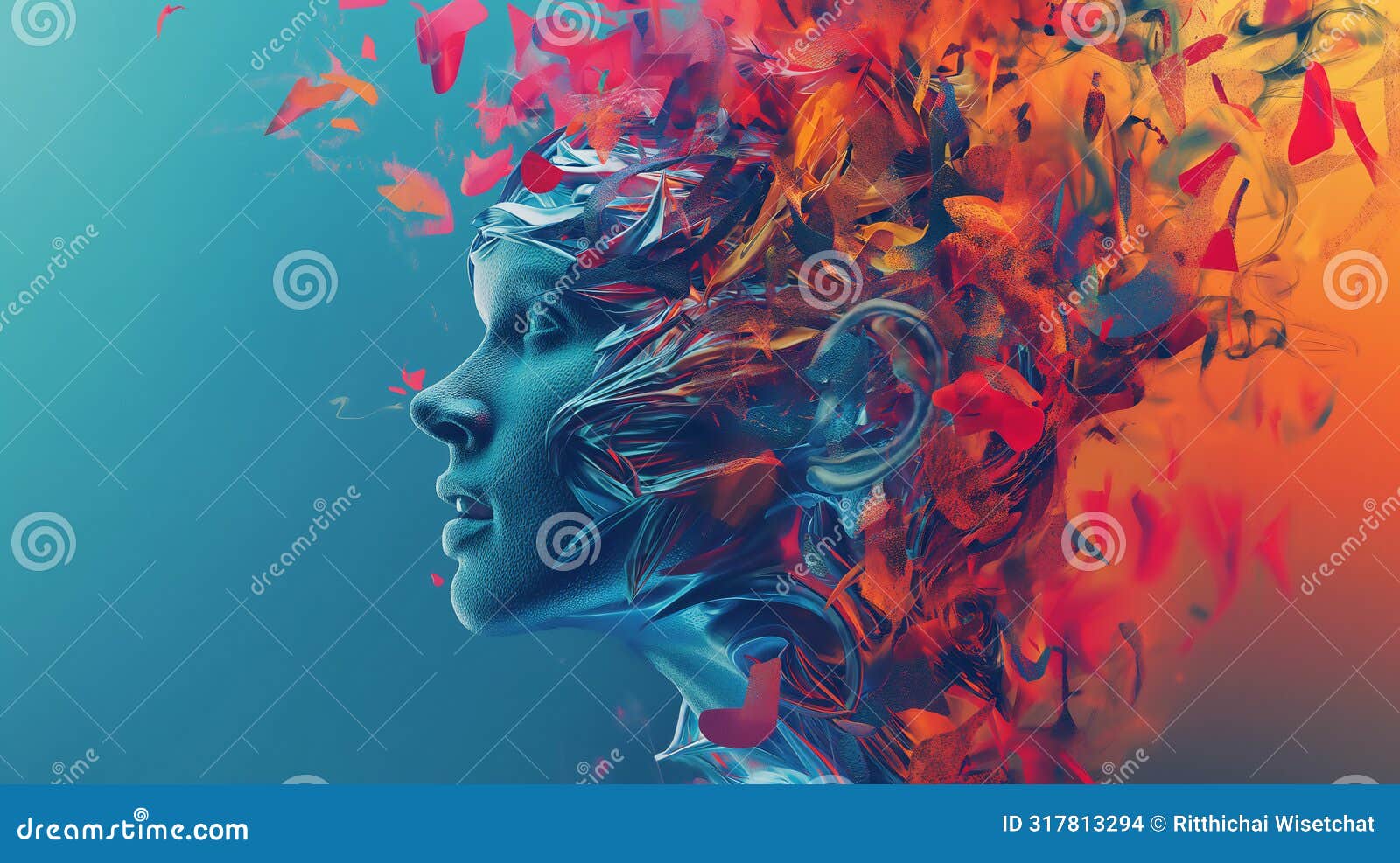 Abstract Profile of a Human Face with Vibrant Blue and Fiery Red ...