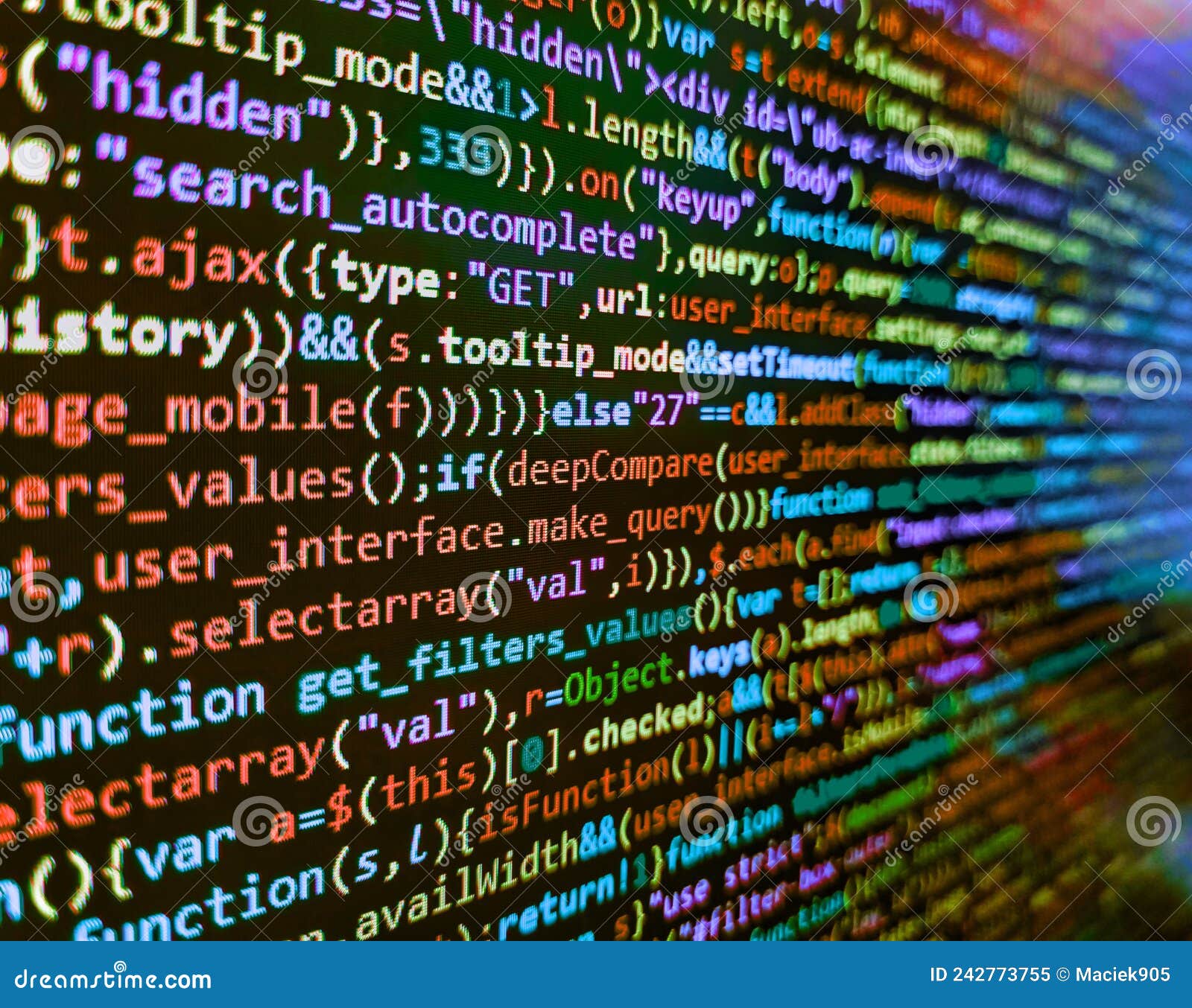 Abstract Program Code On Computer Screen Database Bits Access Stream Visualisation Web