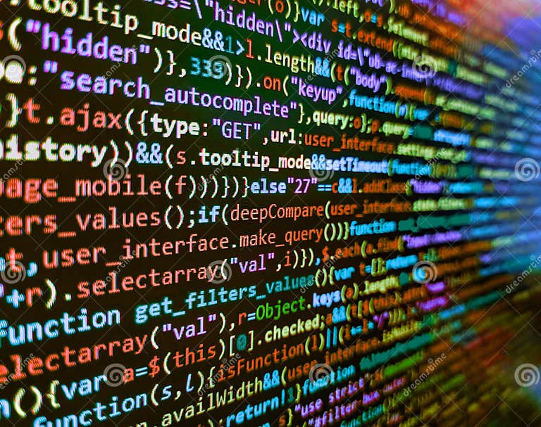 Abstract Program Code on Computer Screen. Database Bits Access Stream Visualisation. Web ...