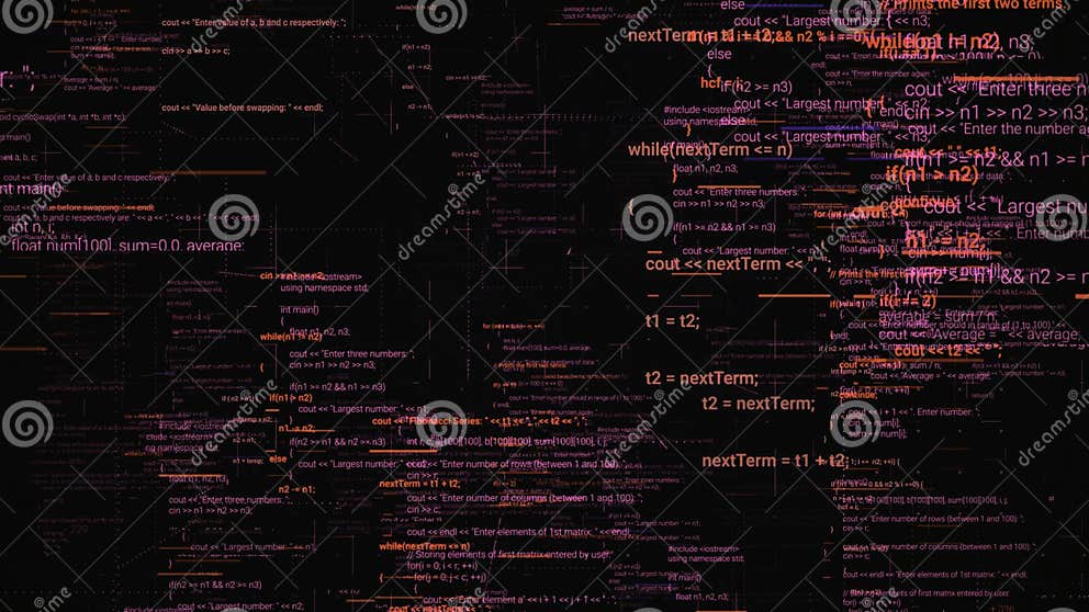 Abstract Program Code Written and Moved in the Virtual Space. Animation. Camera Moving through ...