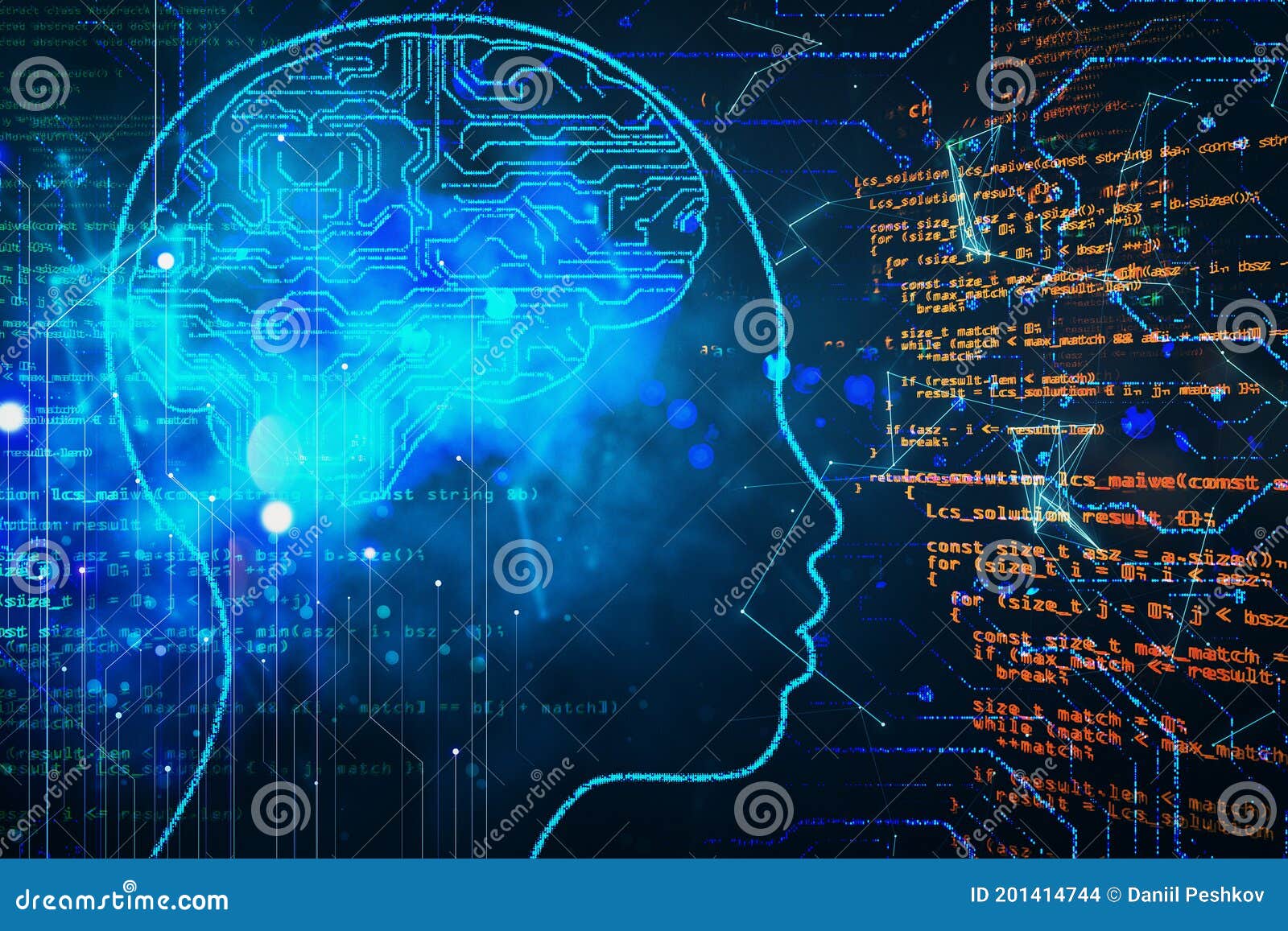 Abstract Programming Backdrop with Head and Digital Brain Hologram Stock Illustration ...