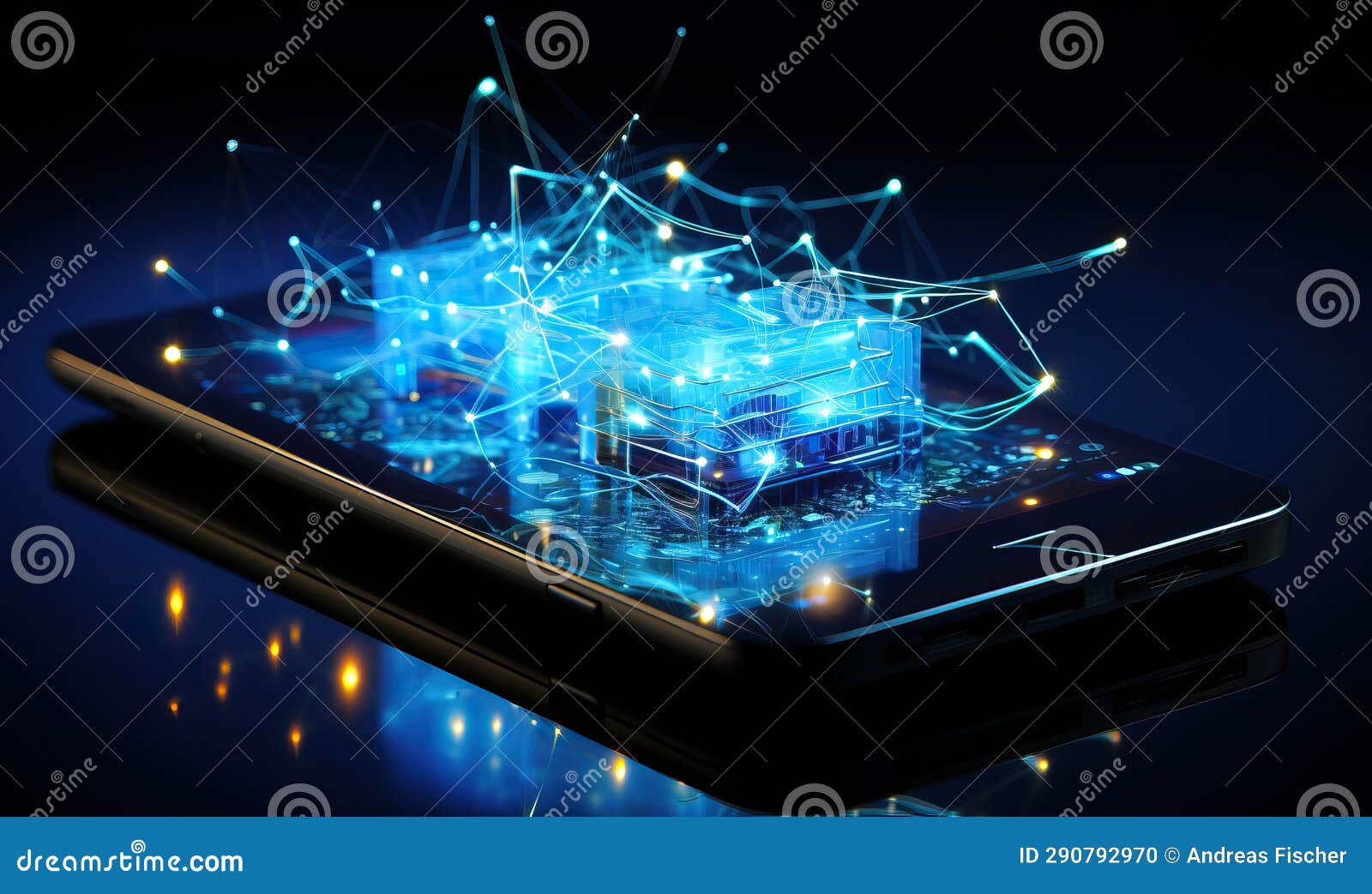 Abstract Quantum Communication Concept on Blue Background. Stock Photo ...