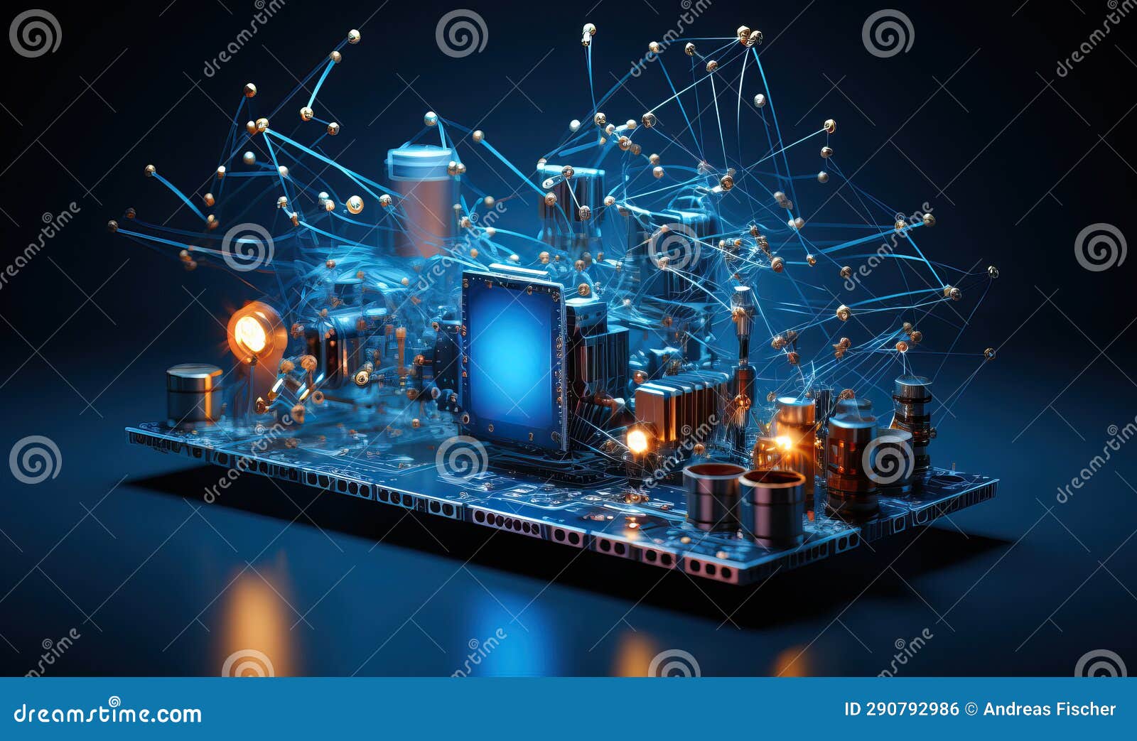 Abstract Quantum Communication Concept on Blue Background. Stock ...