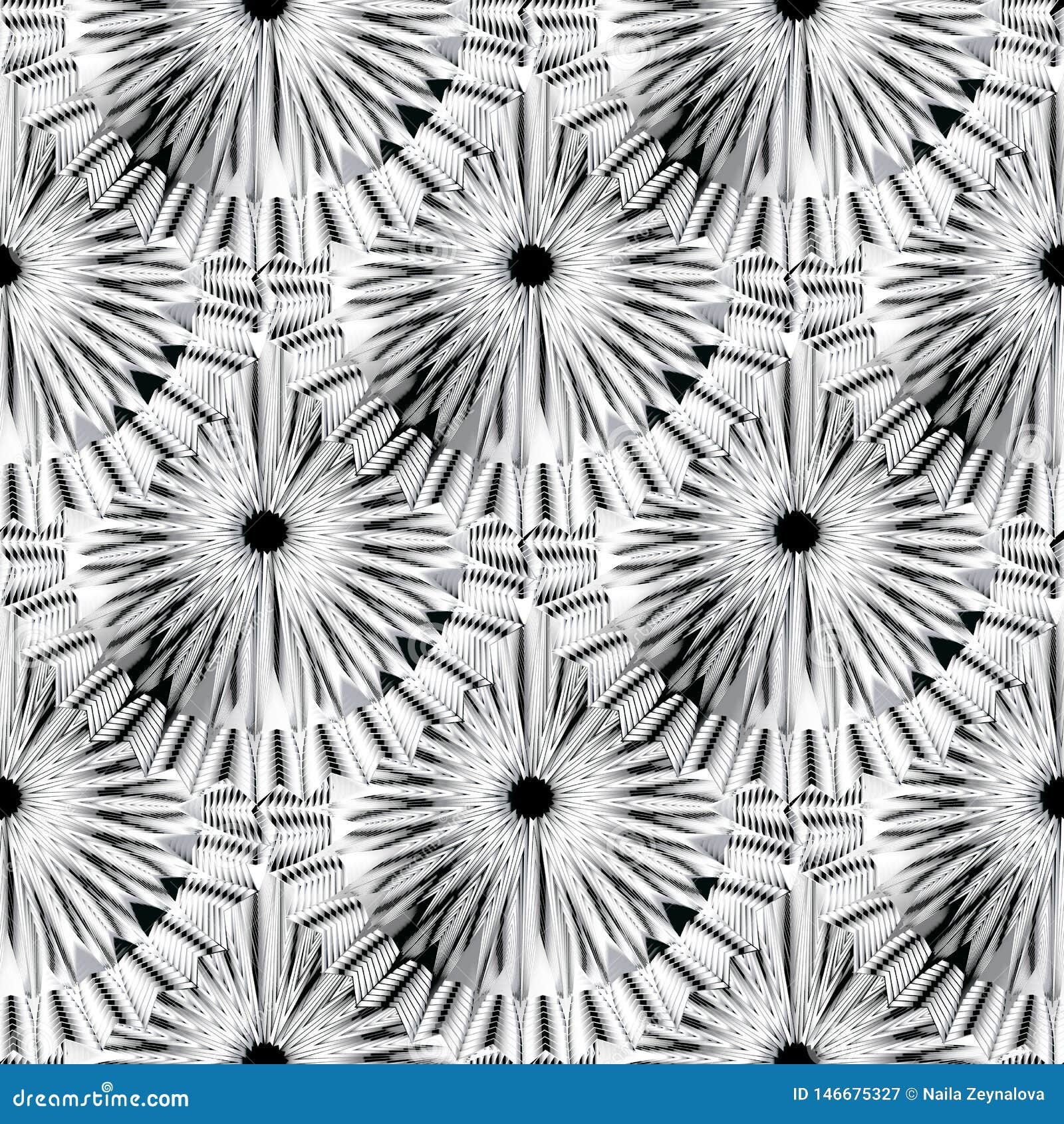 Abstract Radial Shapes Black and White Vector Seamless Pattern. Tiled ...