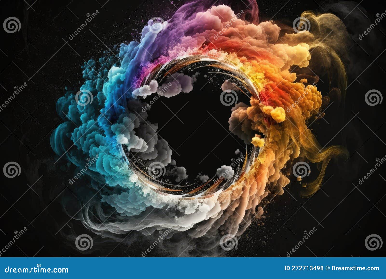 Abstract Rainbow and White Smoke Ring Explosion on Black Background 3d ...